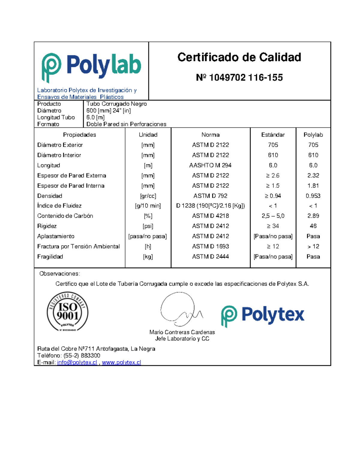 Certificado de Calidad Tubo Corrugado Negro 600 mm Lote 1049702 116-155 ...