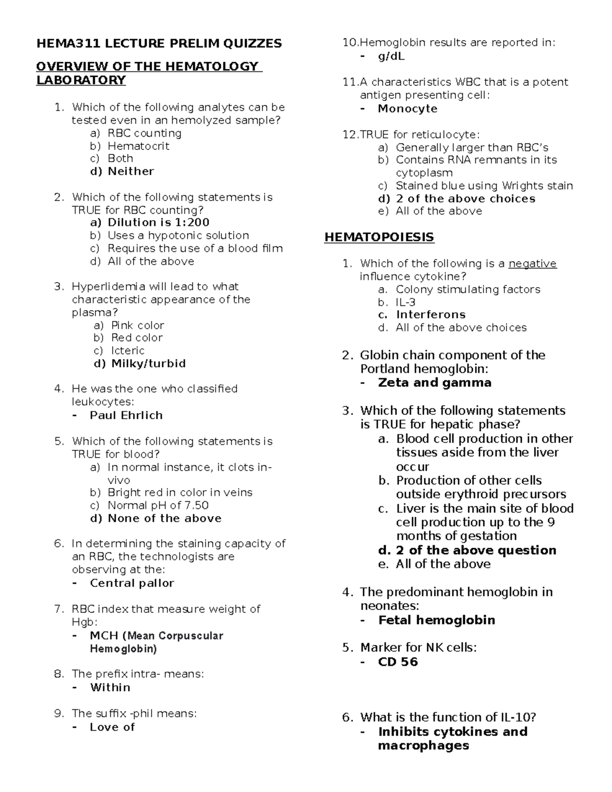 HEMA311 Lecture Prelim Quizzes - HEMA311 LECTURE PRELIM QUIZZES ...