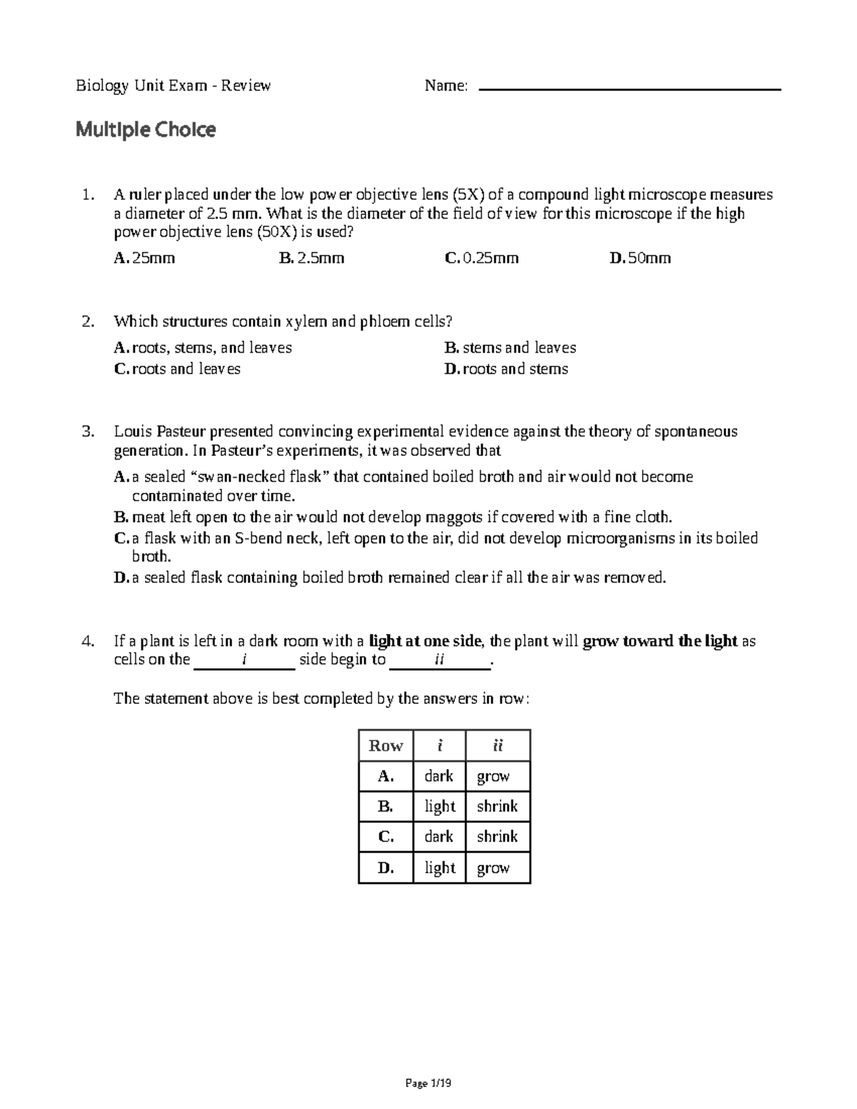 Biology Final Exam Review Questions - Biology Unit Exam - Review Name ...