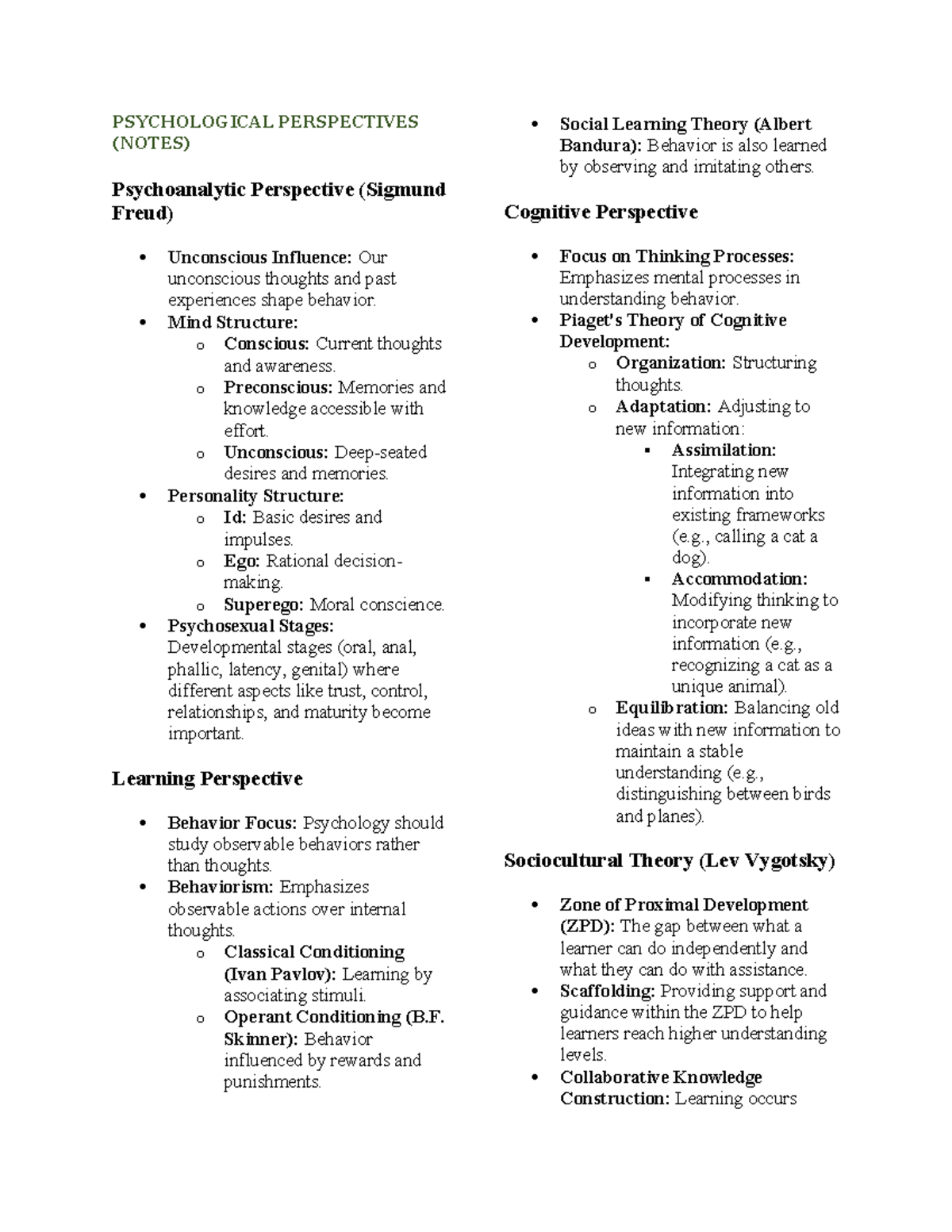 Psychological Perspectives - PSYCHOLOGICAL PERSPECTIVES (NOTES ...