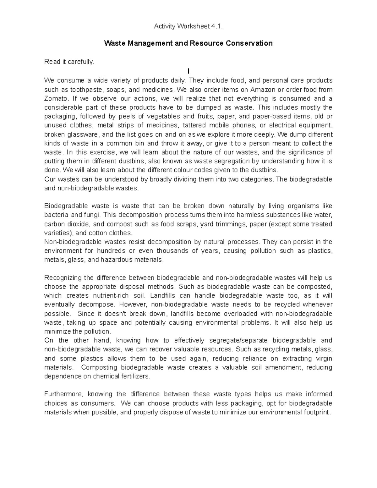 Activity worksheet 4 - Activity Worksheet 4. Waste Management and ...