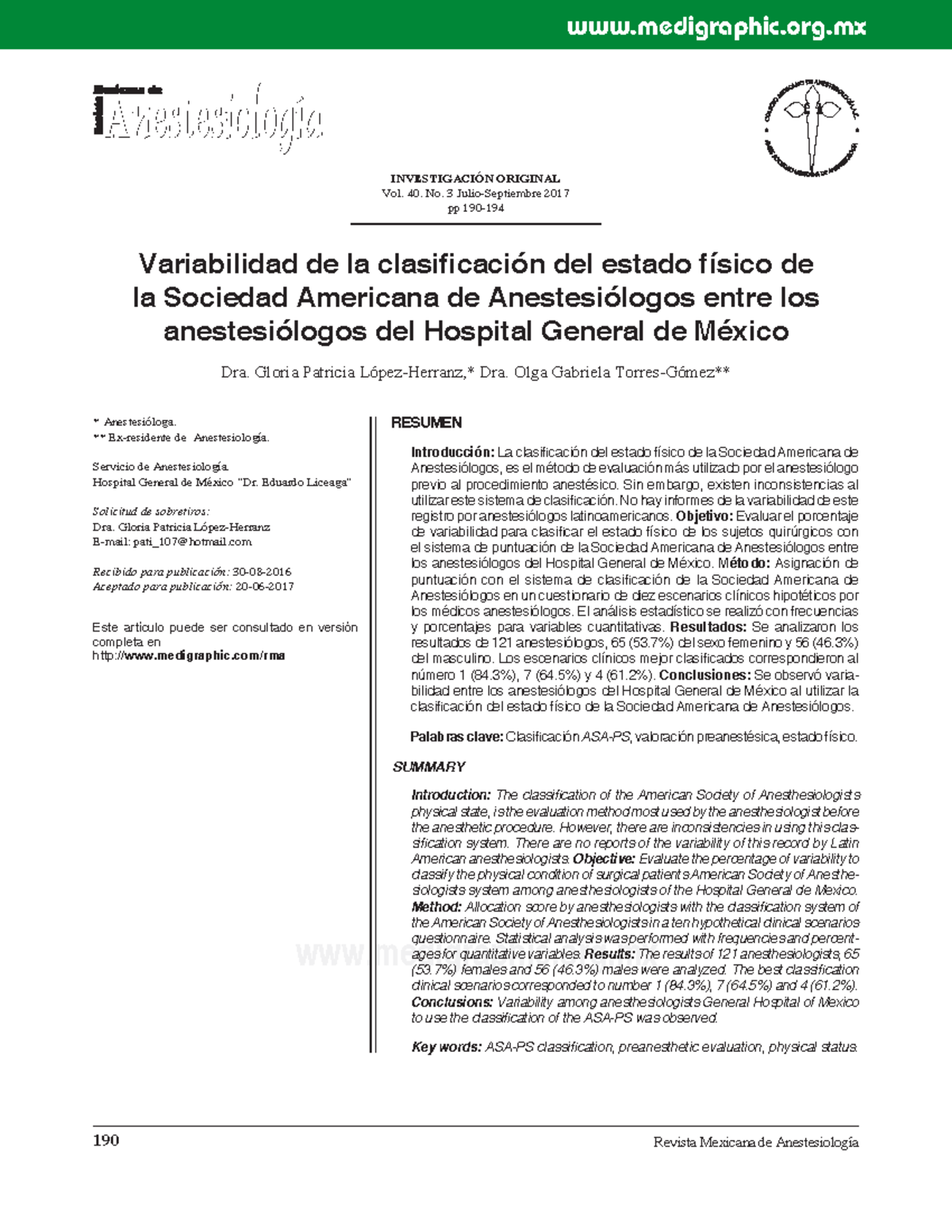 ASA - CLASIFICACION ASA - 190 Revista Mexicana de AnestesiologÌa ...