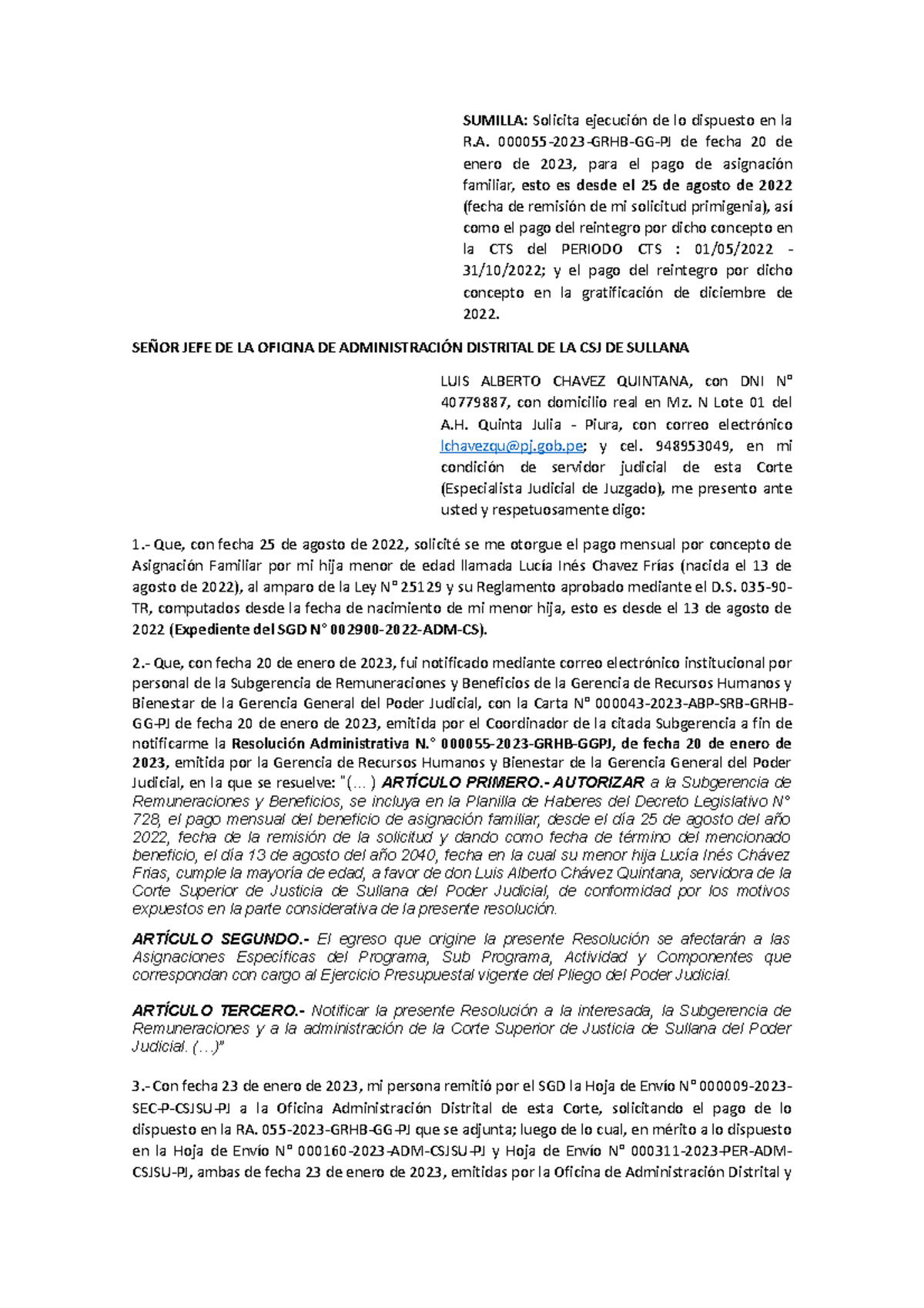 Solicita PAGO DE Asignacion Familiar, ejecucion de R.A. 00055-2023-GRHB ...