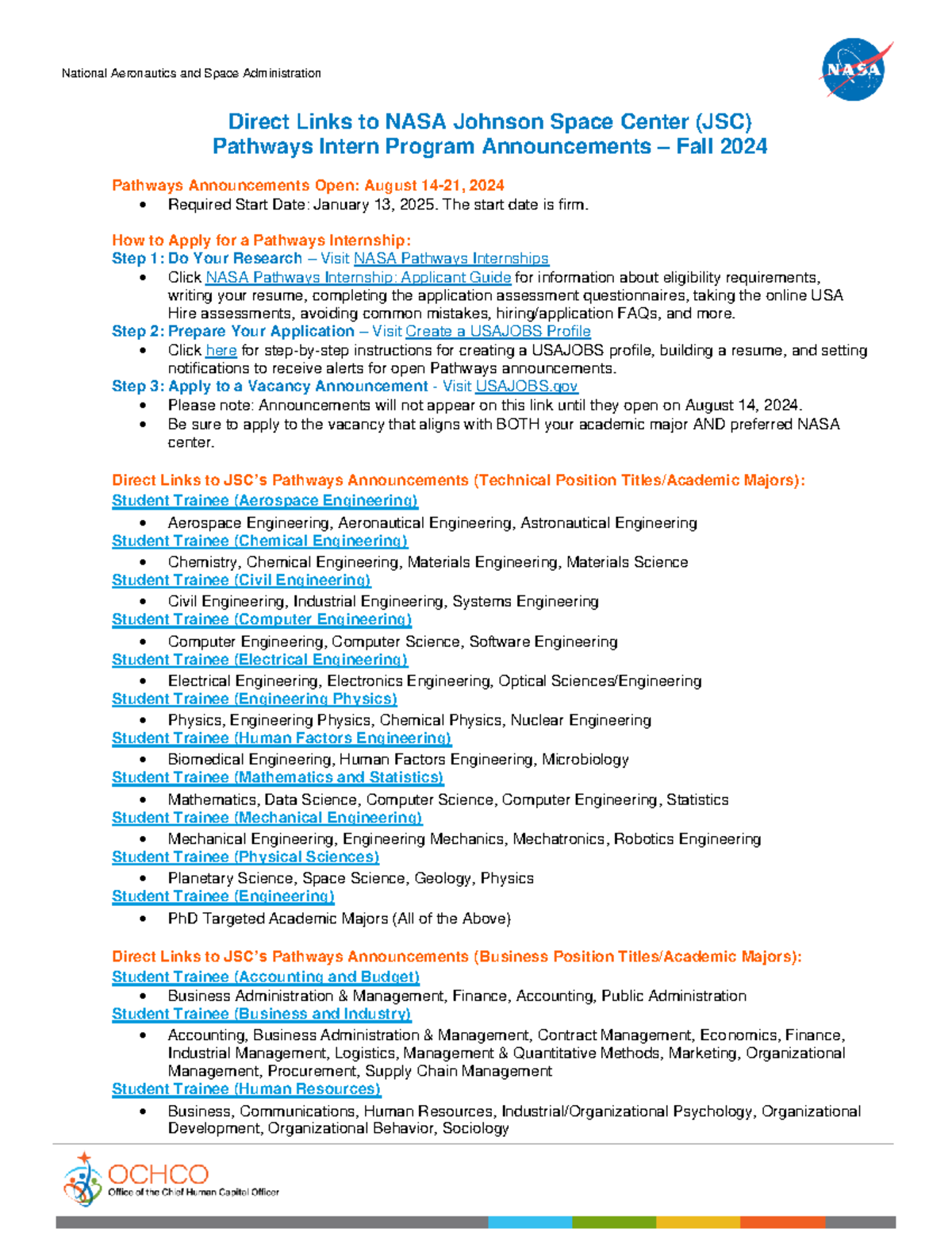 JSC Pathways Announcements with Links Fall 2024 - National Aeronautics and Space Administration ...