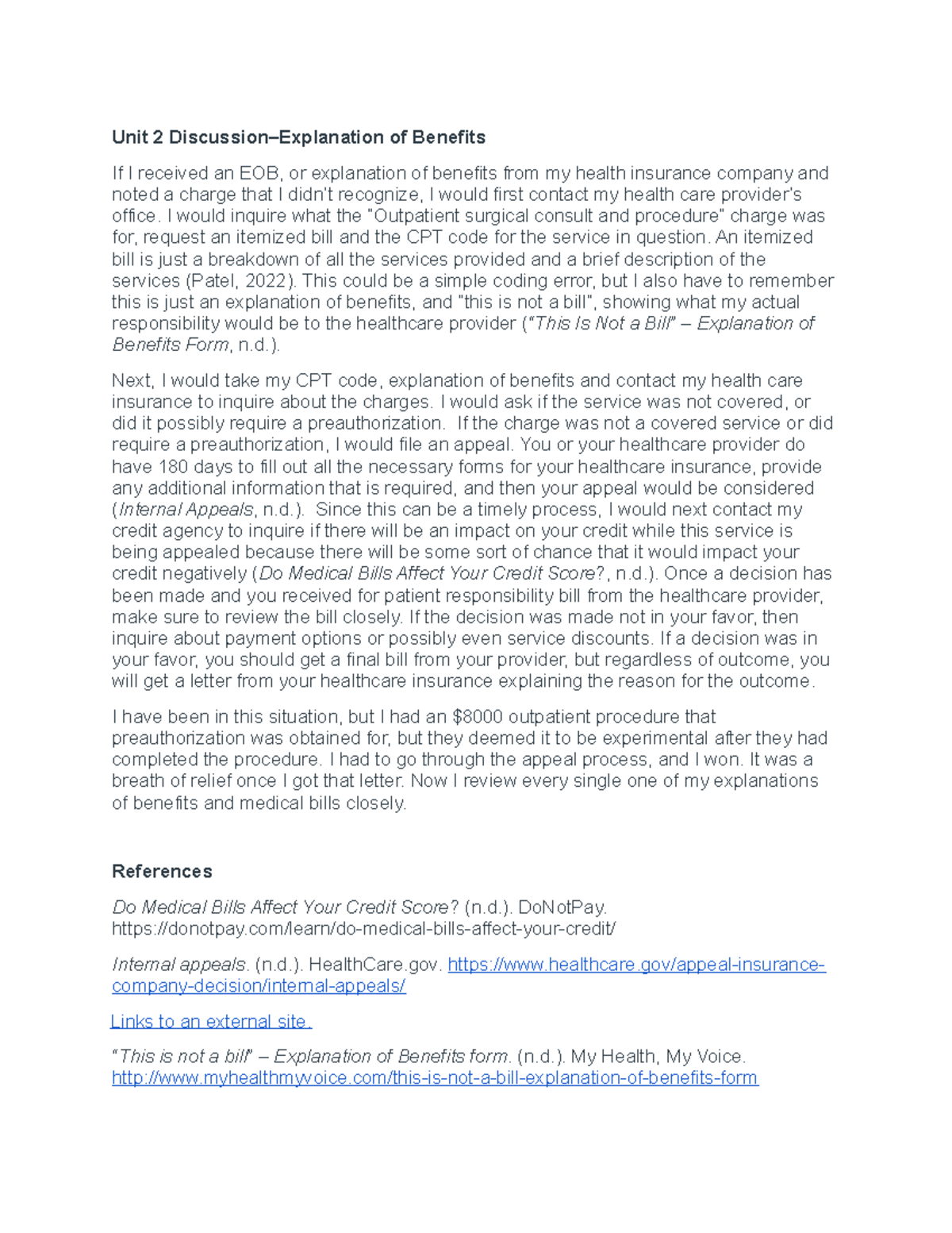 Unit 2 Discussion - Explanation of Benefits - Unit 2 Discussion ...