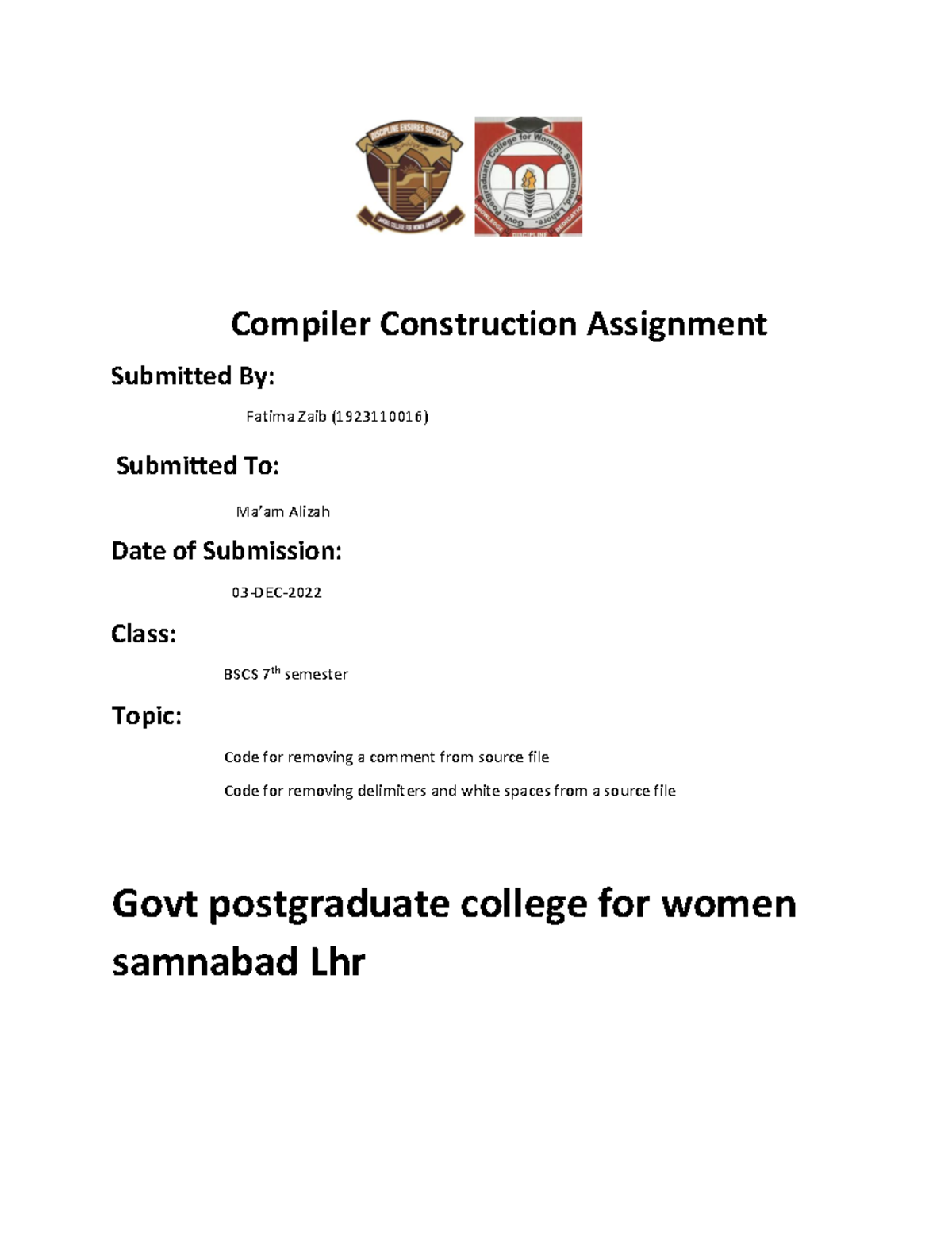 Compiler Construction Assignment fati - Compiler Construction Assignment Submitted By: Fatima ...