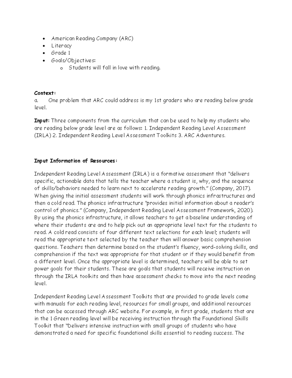 D630 Task 2 - D630 Task 2 - American Reading Company (ARC) Literacy ...