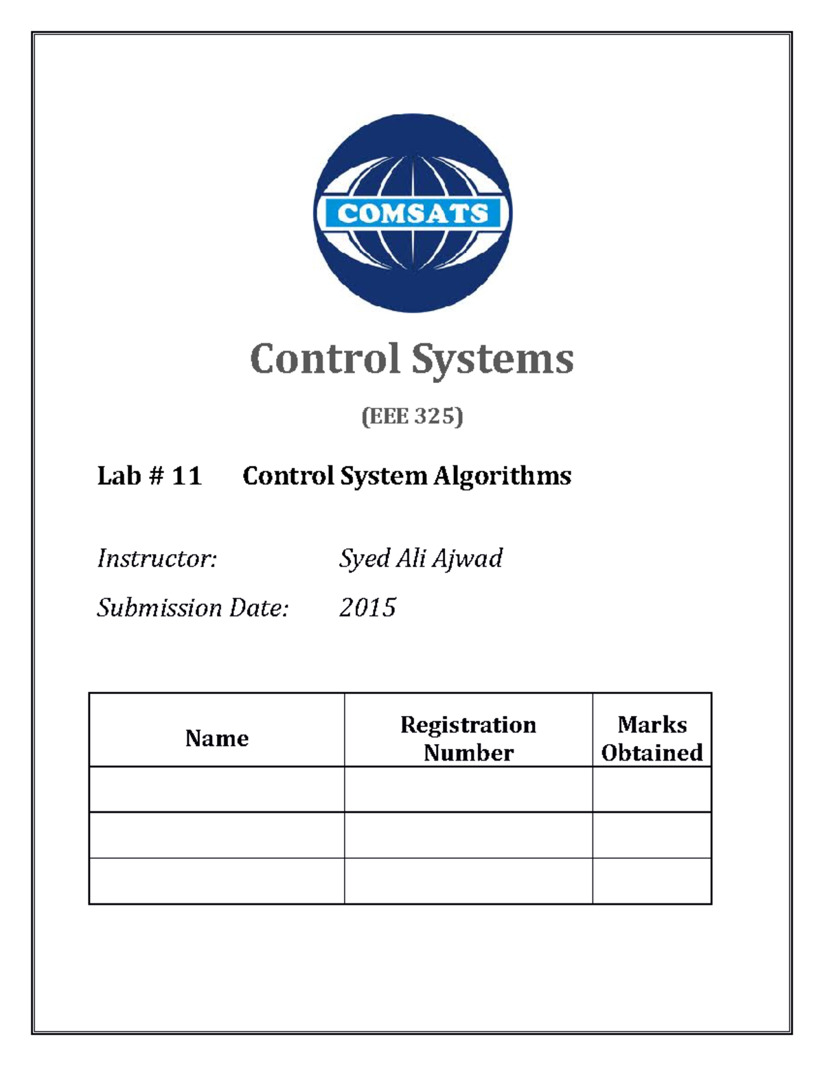 LAB Report 11 - Control System Algorithms - Control Systems (EEE 325 ...