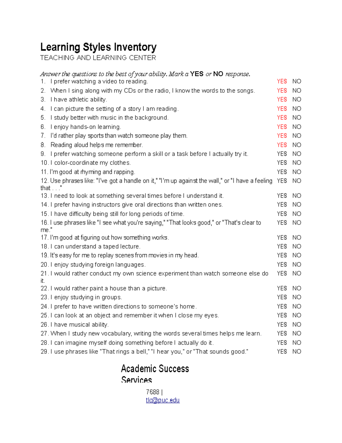 Appendix 1 (Learning Styles Inventory) WEEK 1 - 7688 | tlc@puc Academic ...