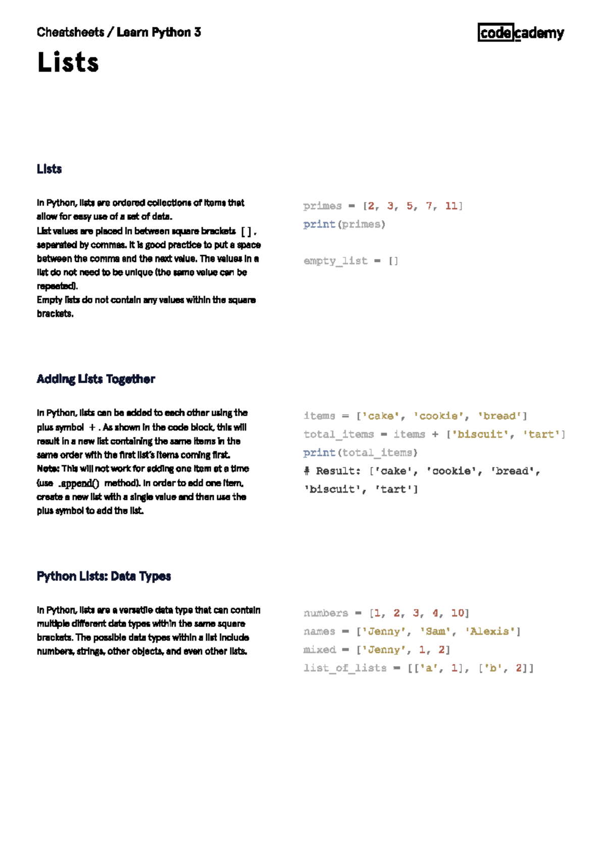 List notes - Cheatsheets Learn Python 3 code cademy Lists Lists In ...