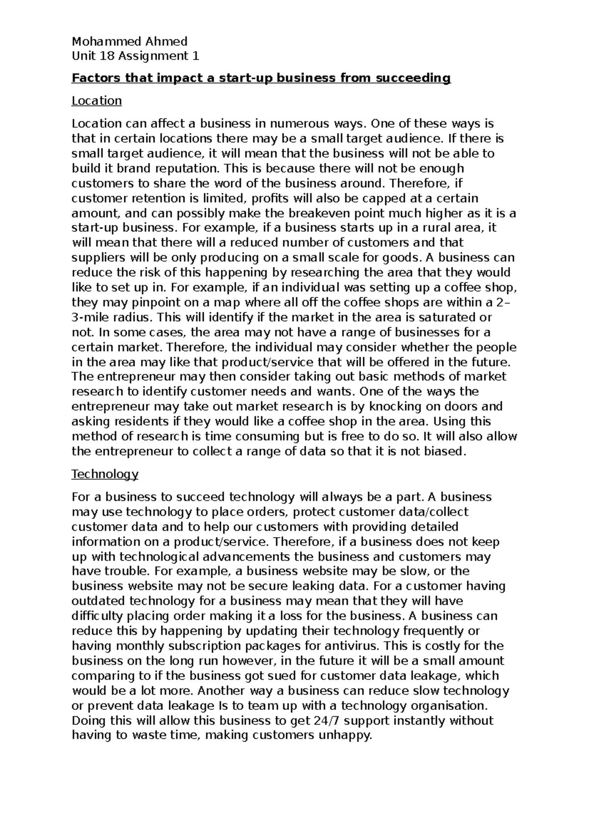 Unit 18 Assignment 1 - Pass- Distinction level - Mohammed Ahmed Unit 18 Assignment 1 Factors ...