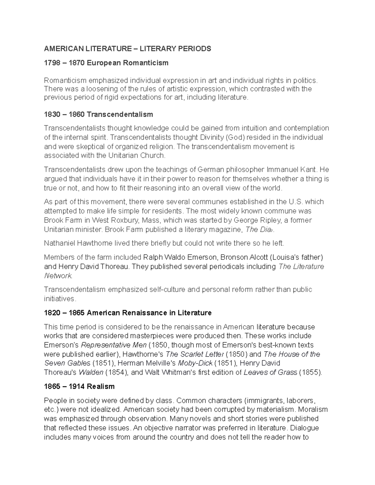 Literary periods final - AMERICAN LITERATURE – LITERARY PERIODS 1798 ...