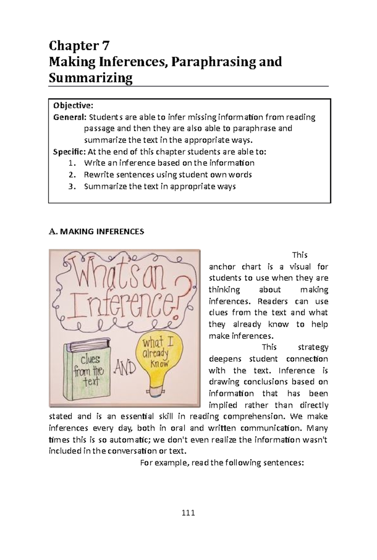 Chapter 7 Making Inferences - Specific: At the end of this chapter ...