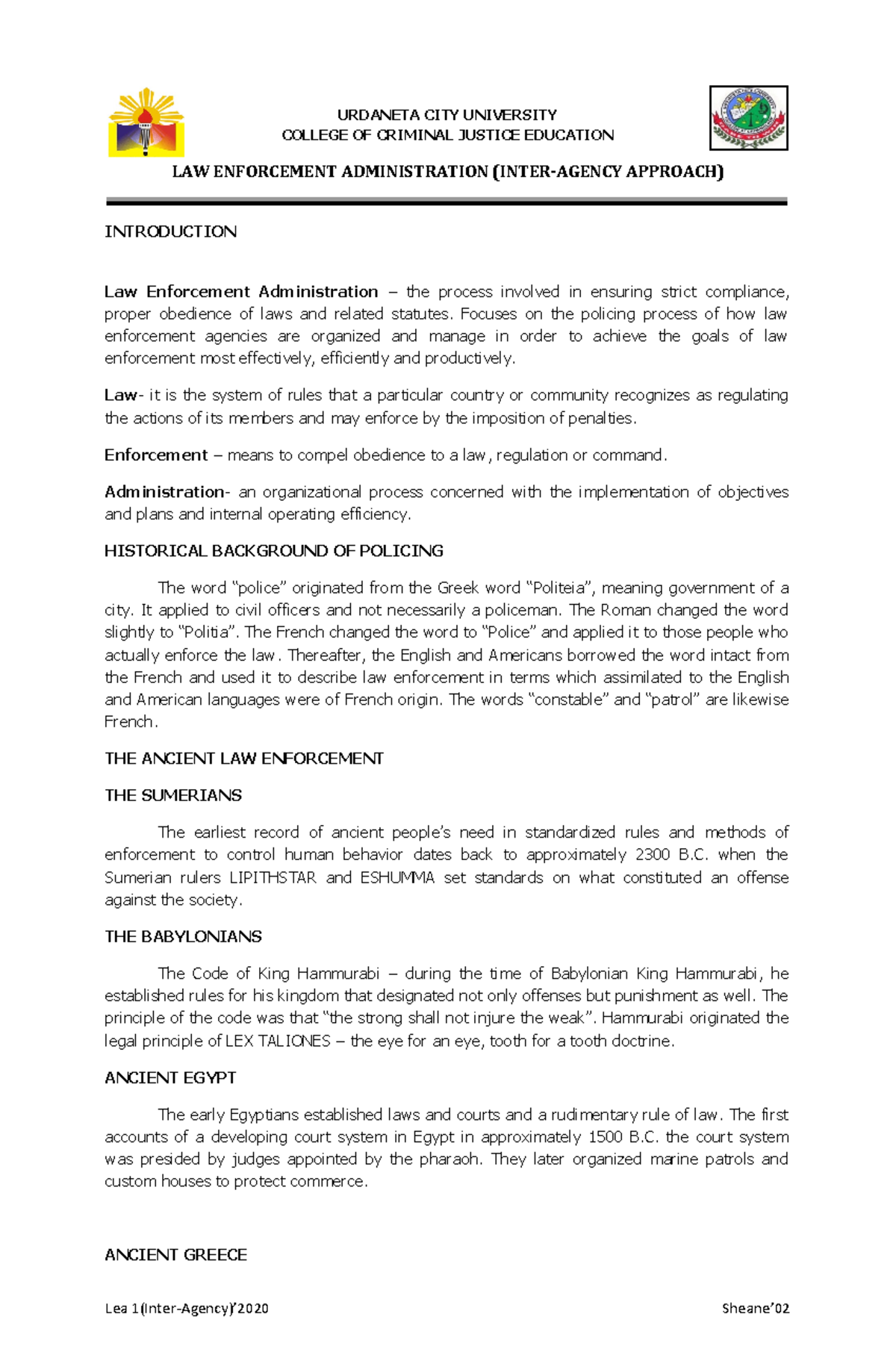 LAW Enforcement Administration( Inter- Agency Approach) - URDANETA CITY UNIVERSITY COLLEGE OF ...