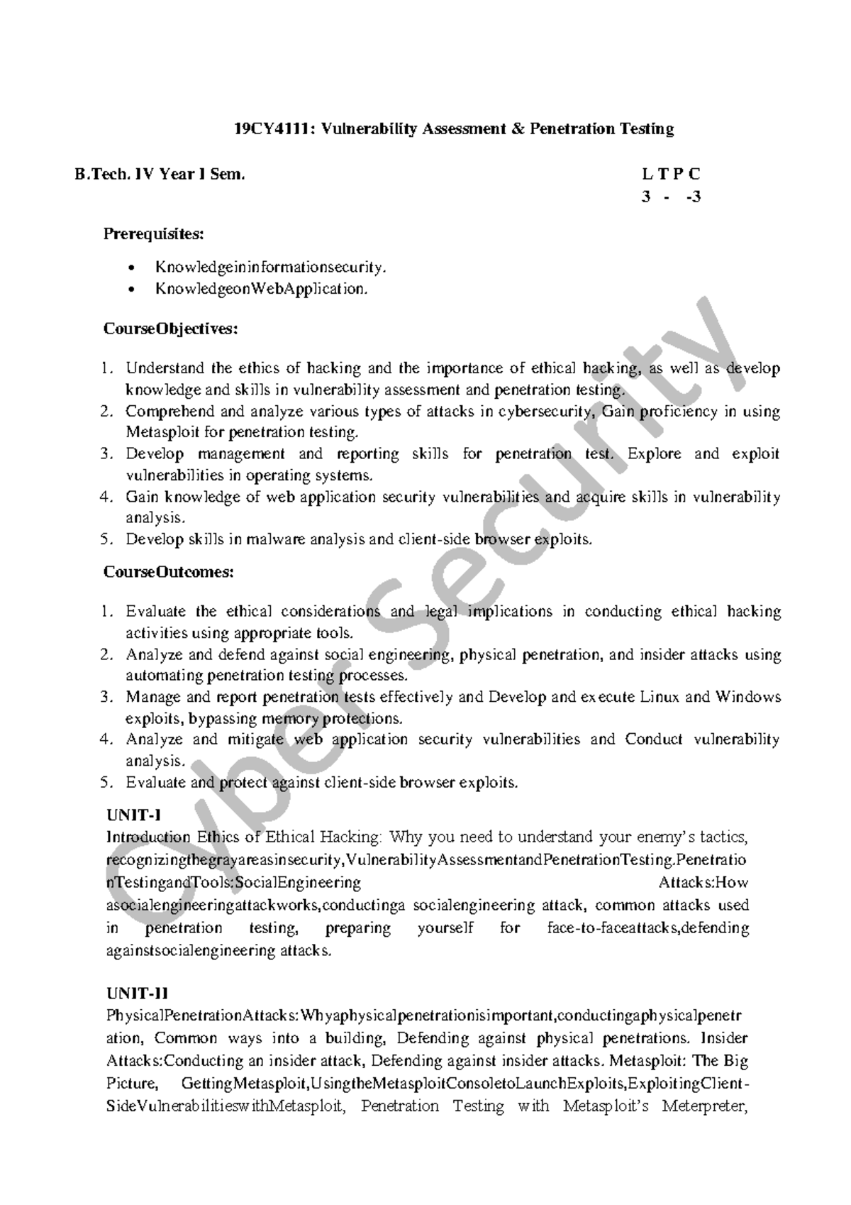 R19 Csecs IV Year Syllabus - 19CY4111: Vulnerability Assessment ...