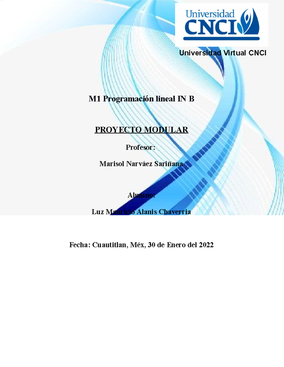 Pryecto Modular Programación Lineal - M1 Programación lineal IN B PROYECTO MODULAR Profesor ...