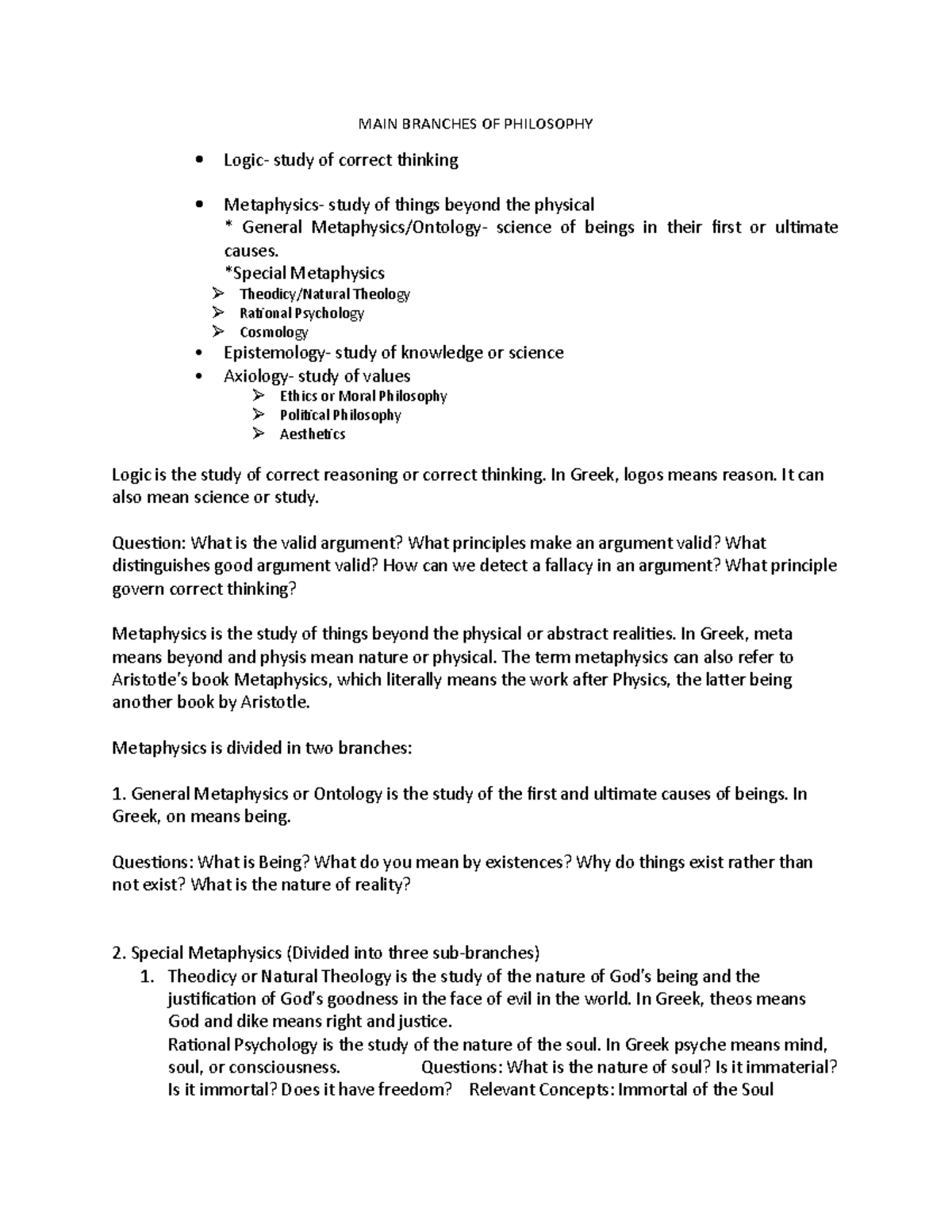 Branches OF Philosophy - MAIN BRANCHES OF PHILOSOPHY Logic- study of ...