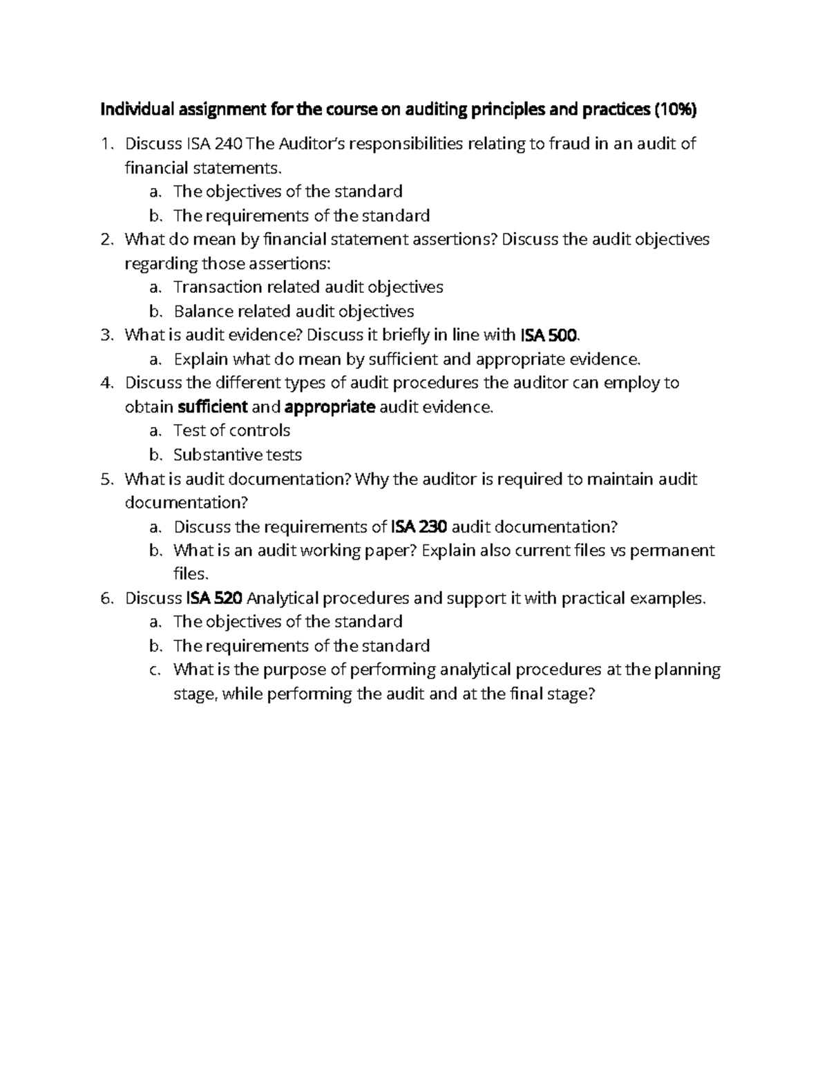 Auditing I assignment - class - Individual assignment for the course on auditing principles and ...