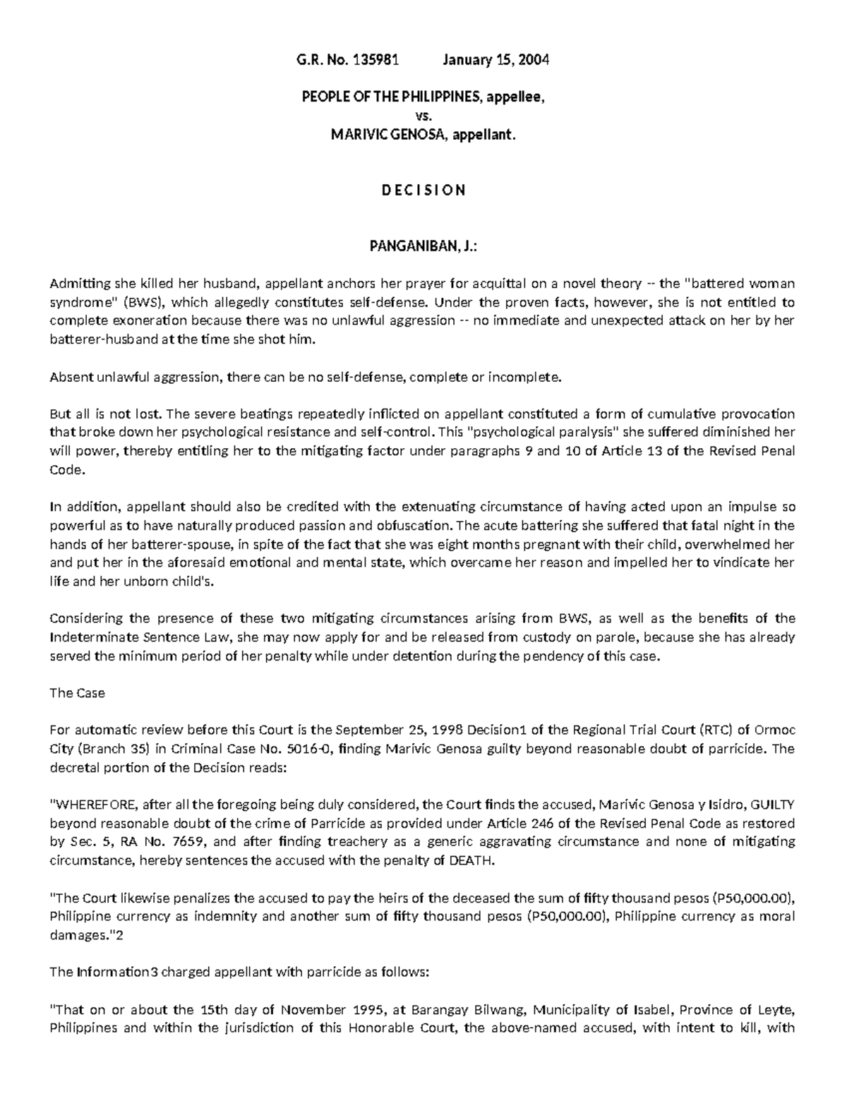 People V Genosa - Notes on Battered Woman Syndrome. - G. No. 135981 ...