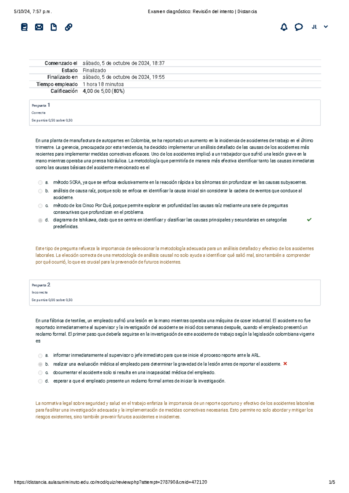Examen diagnóstico investigacion de eventos laborales - Comenzado el ...