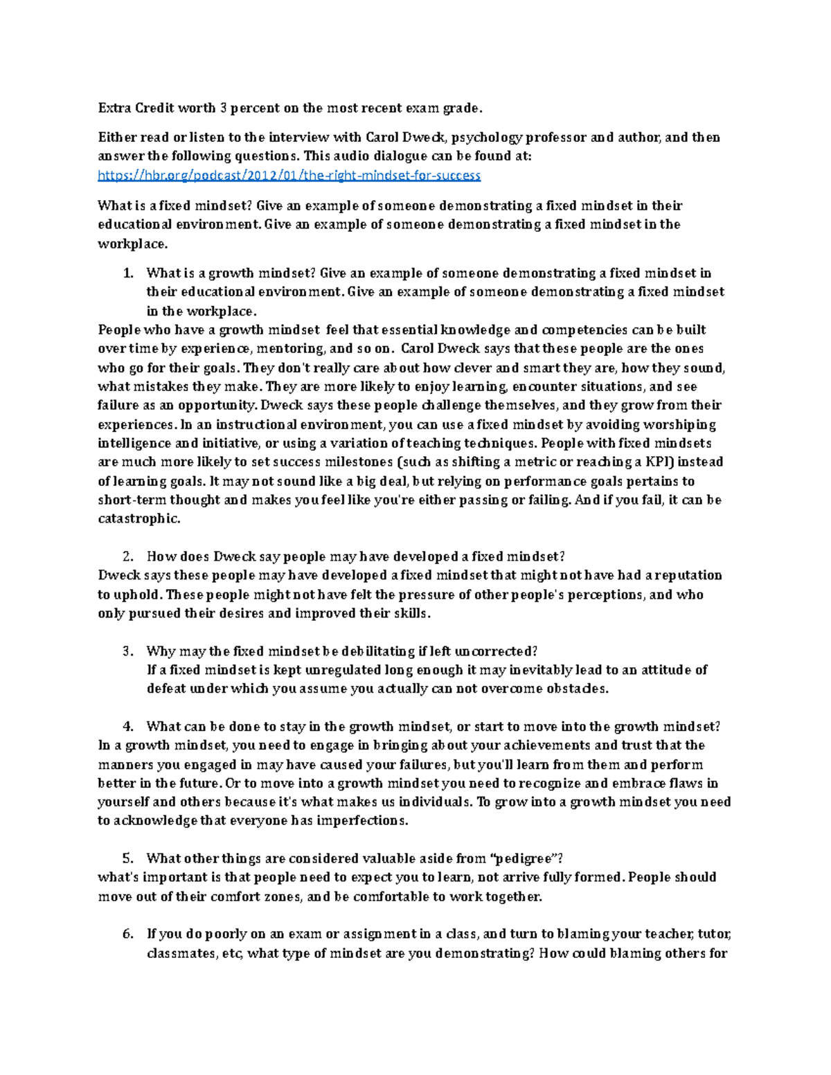 Growth Mindset Extra Credit Activity - Extra Credit worth 3 percent on ...