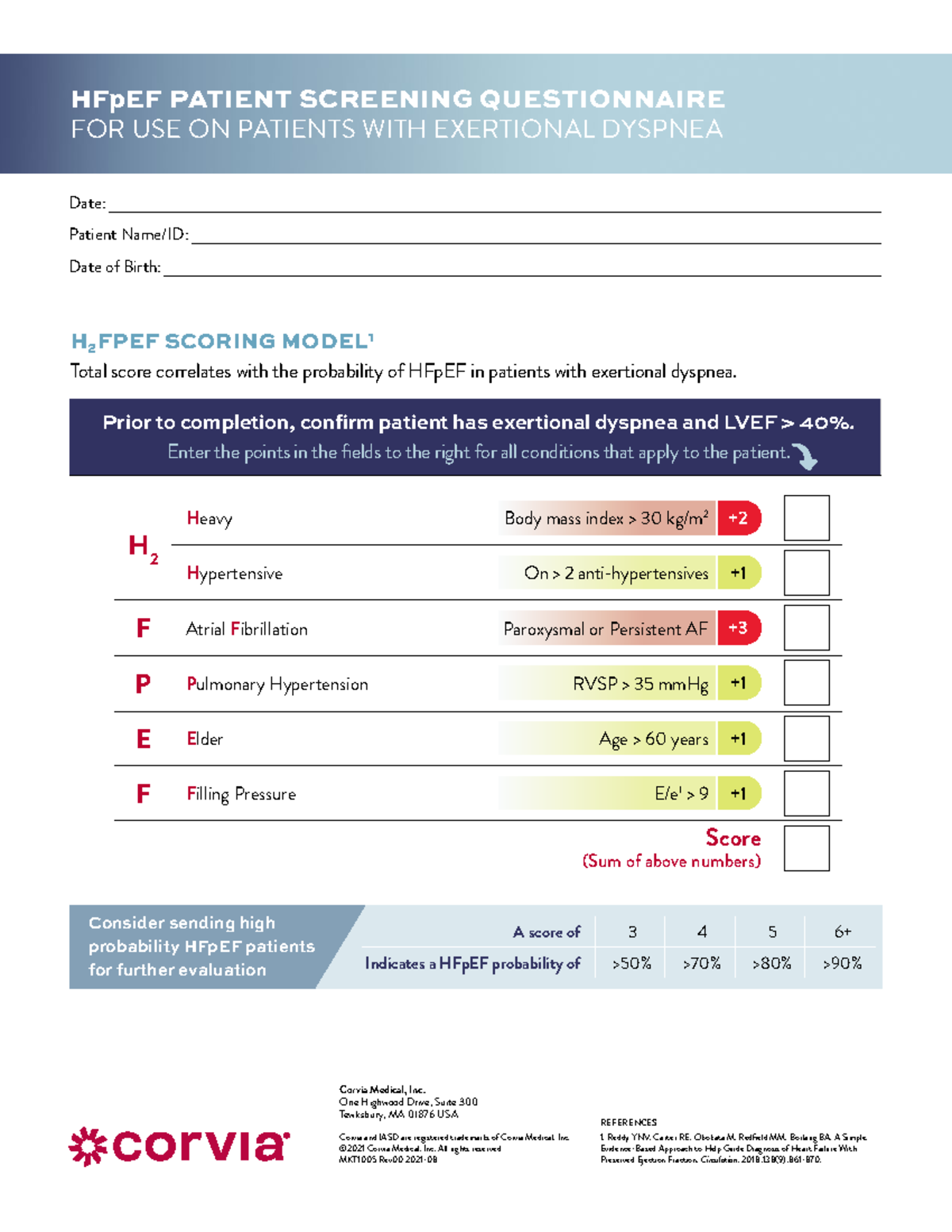 H2PEF Scoring - Date:Patient Name/ID:Date of Birth: HTotal score ...