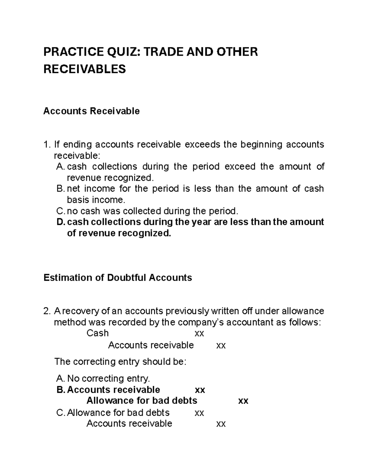 Practice QUIZ Trade AND Other Receivables - PRACTICE QUIZ: TRADE AND ...