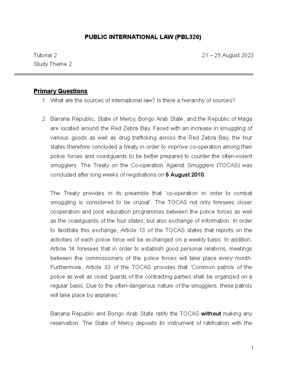 Tutorial 2 - PUBLIC INTERNATIONAL LAW (PBL320) Tutorial 2 21 – 25 ...