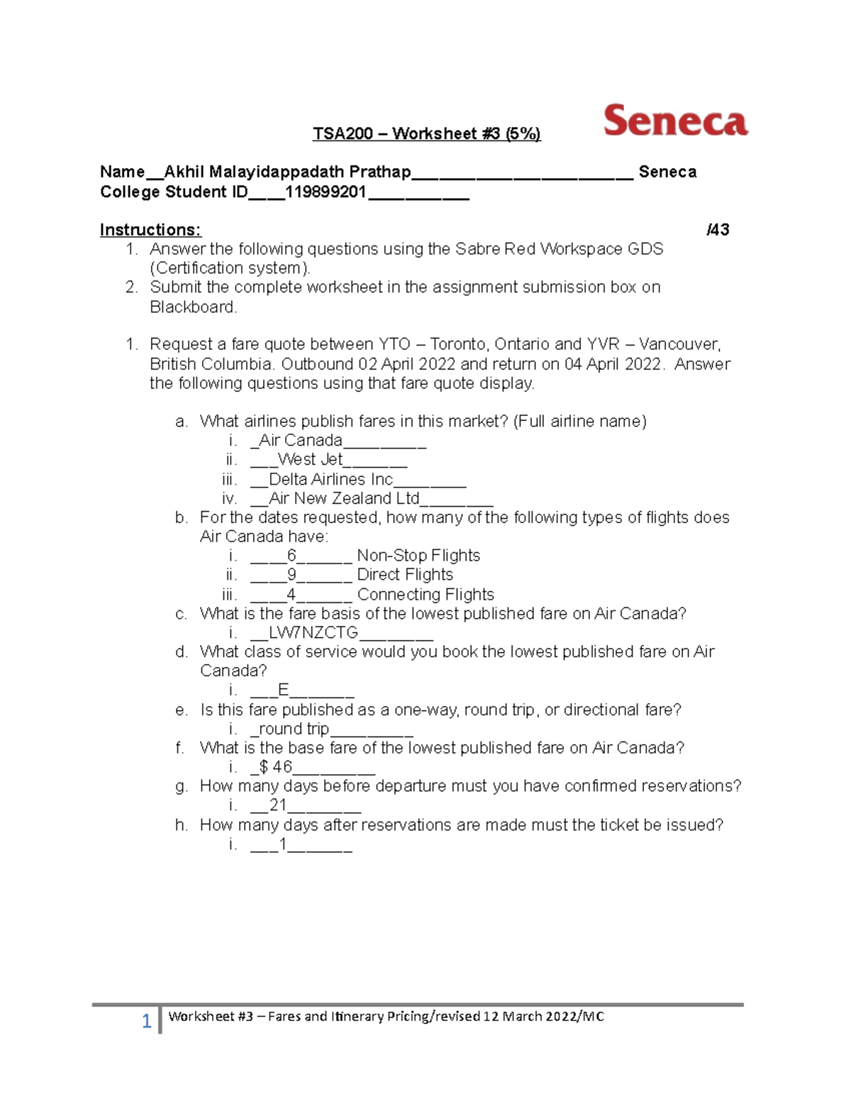 sabre Worksheet #3 - HOTL-154 - Centennial College - Studocu
