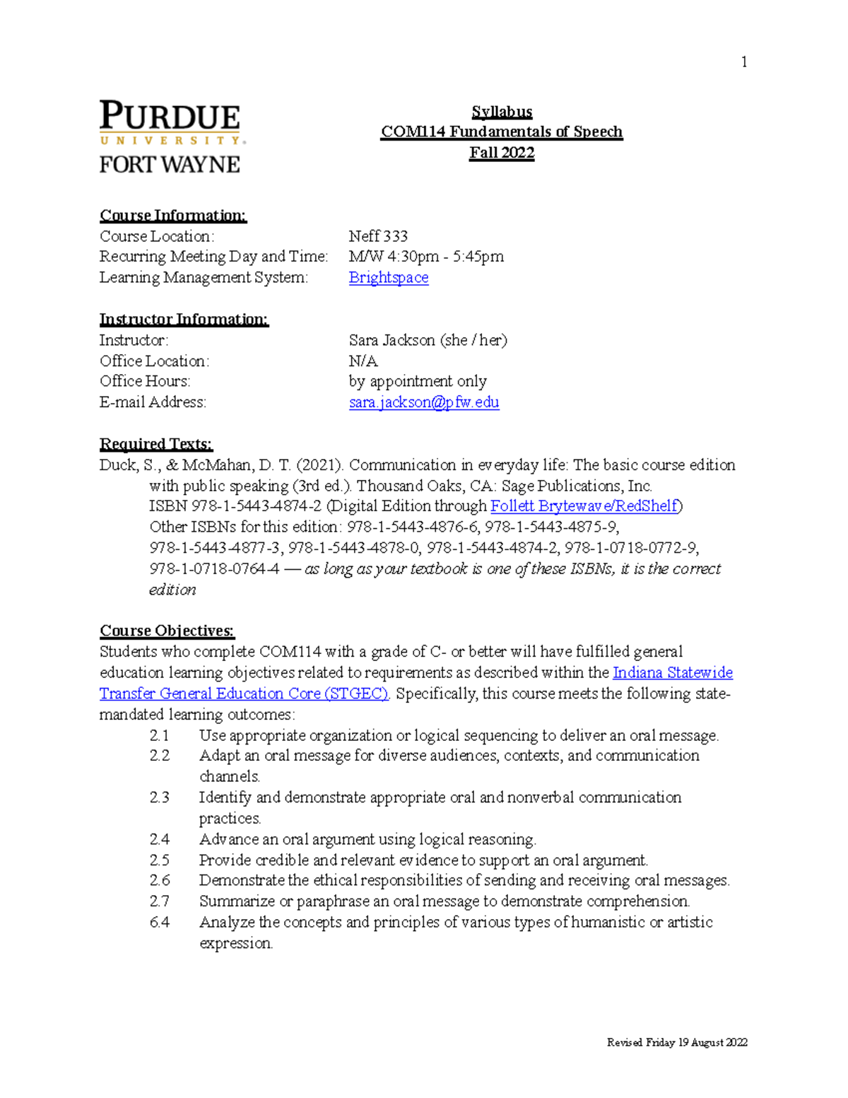 COM114 Syllabus (Fall 2022) - Syllabus COM114 Fundamentals of Speech ...