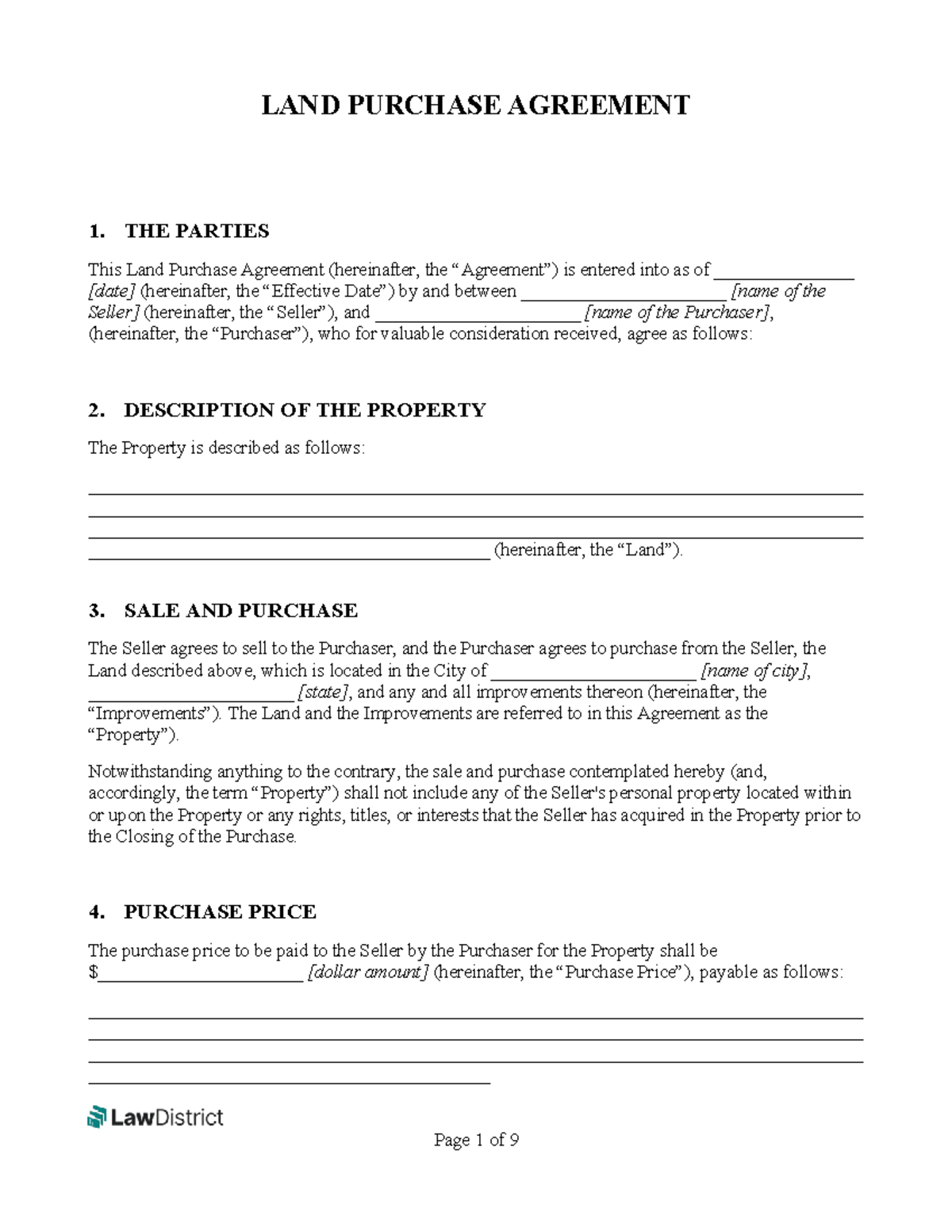 Land purchase agreement template - LAND PURCHASE AGREEMENT 1. THE ...