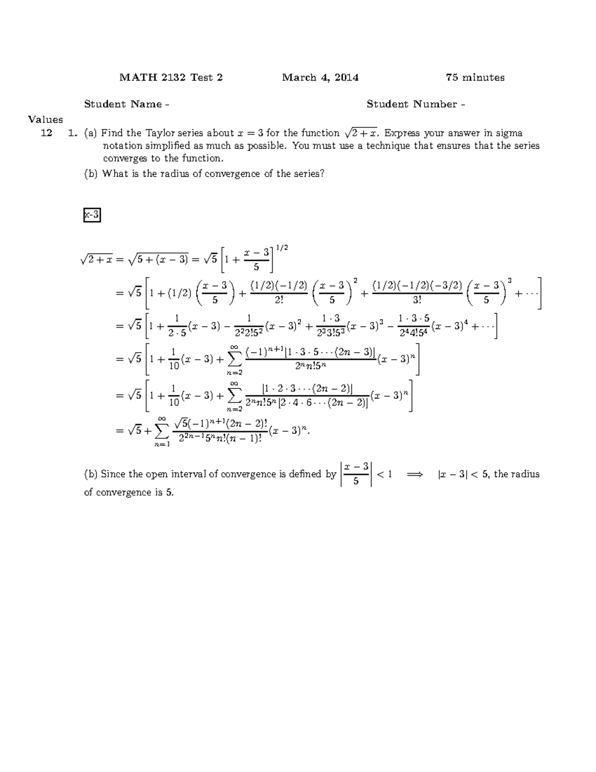 Test March 2014, questions and answers - MATH 2132 Test 2 Student Name ...