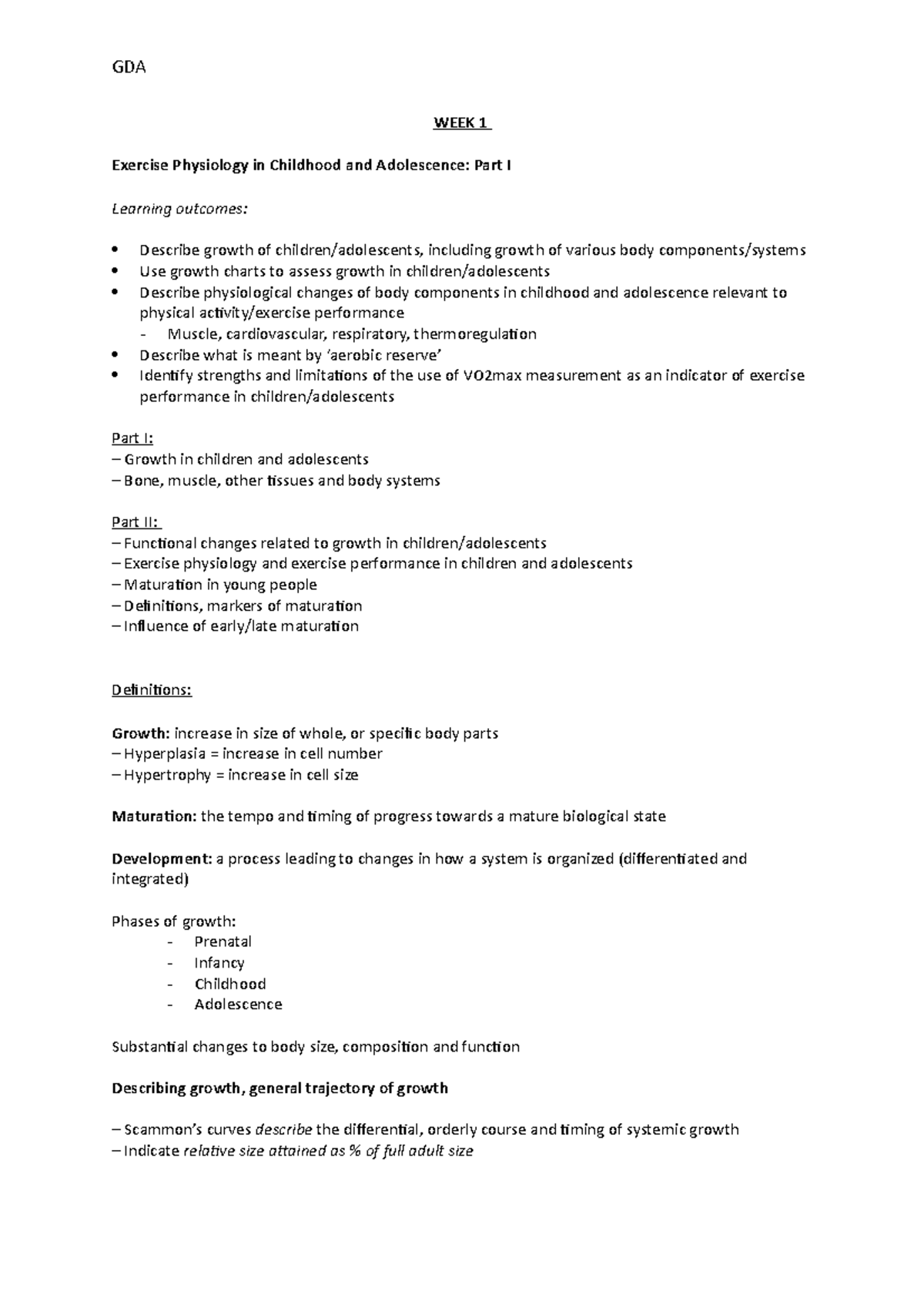 GDA Notes - WEEK 1 Exercise Physiology in Childhood and Adolescence ...