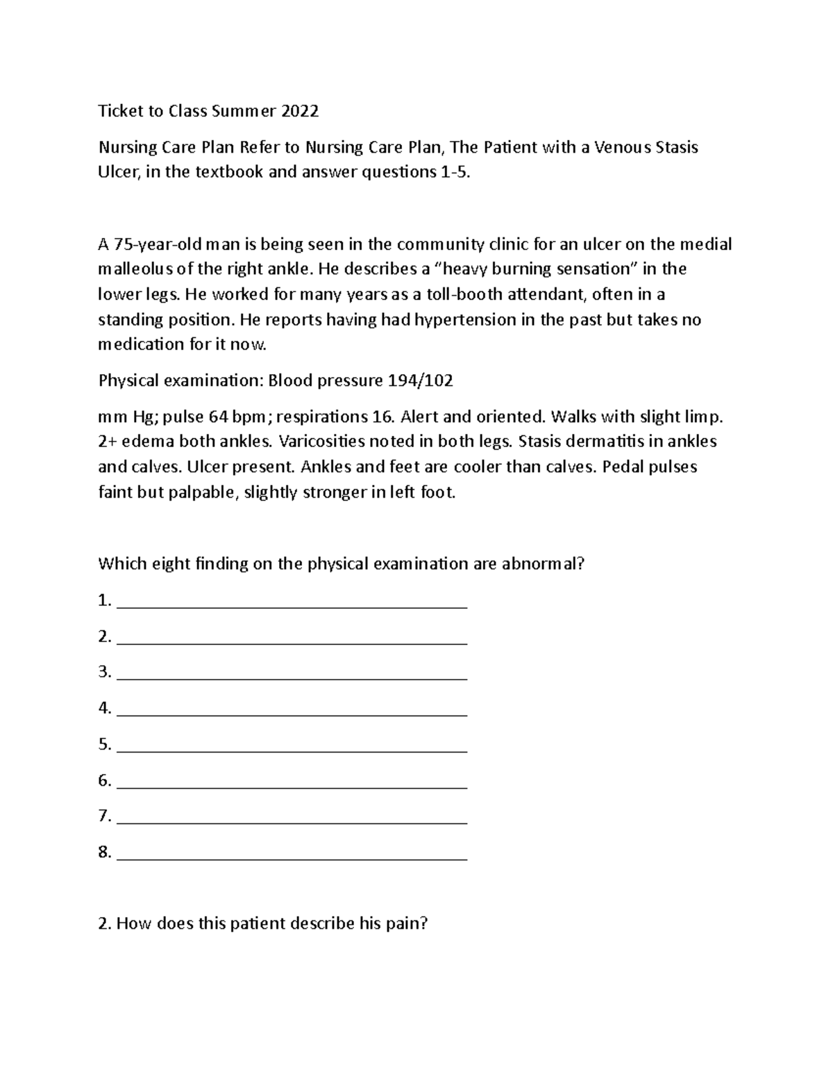 NUR 113 Ticket to Class-Vascular Disorder-Student - Ticket to Class ...