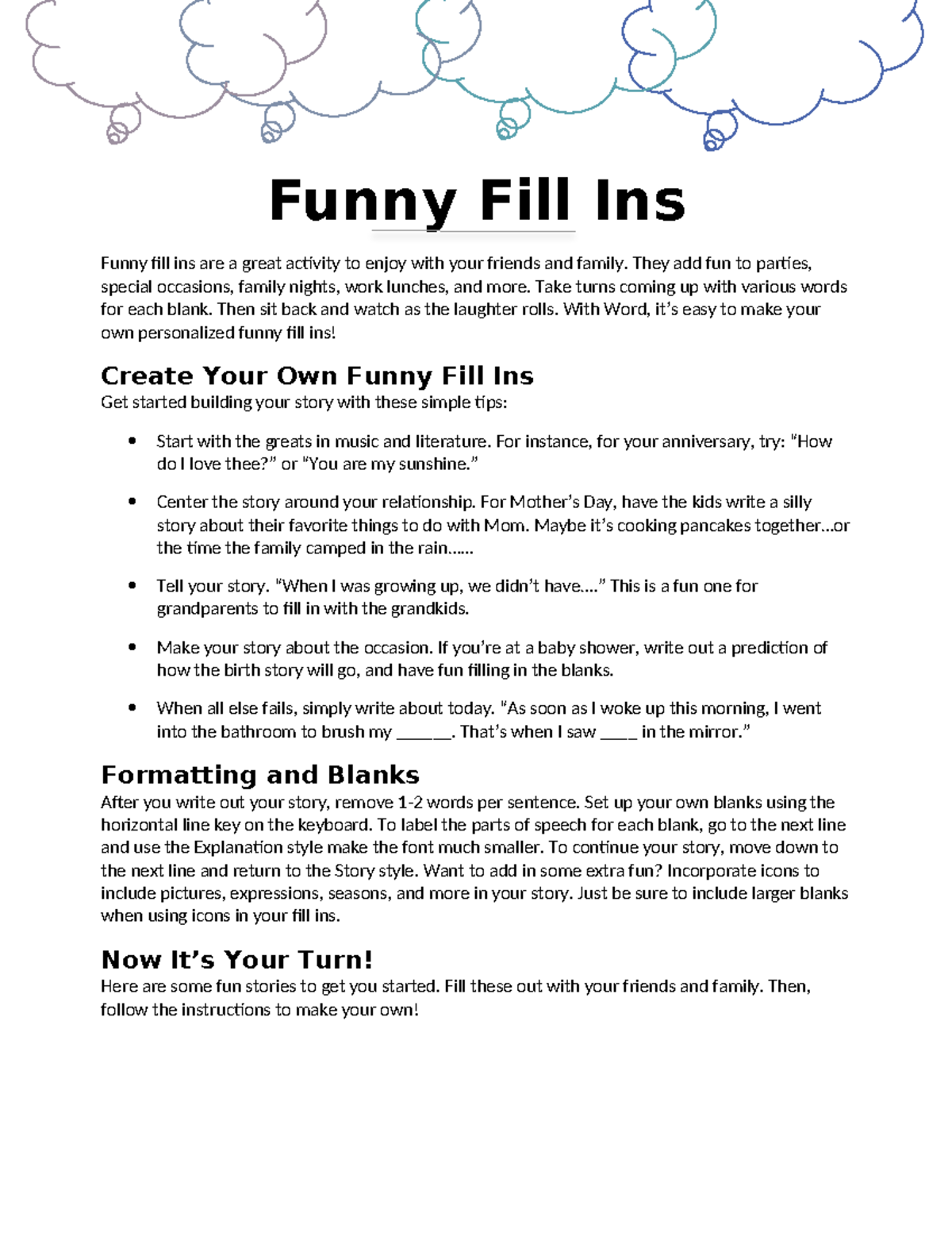Fill in blank story - Use this in class! - Funny Fill Ins Funny fill ...