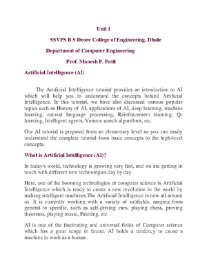 AI UNIT-3 - lecture note - Artificial Intelligence - Studocu