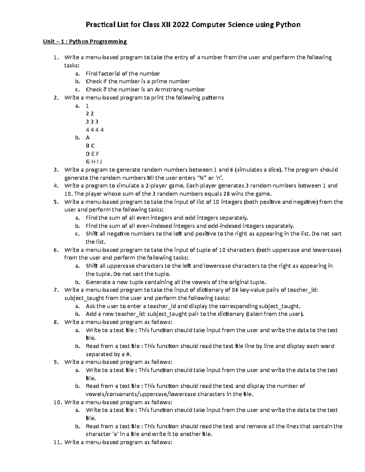 Prac File Csc Xii 2022 Practical List For Class Xii 2022 Computer Science Using Python Unit 9187