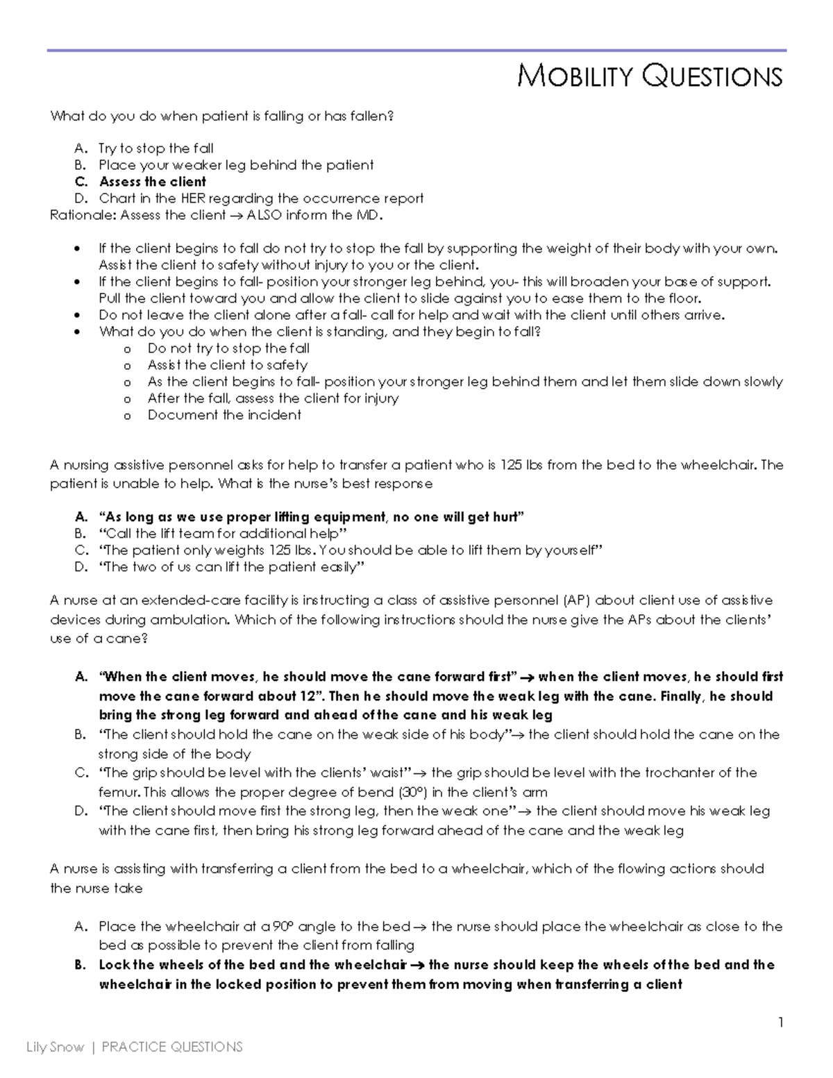 Concepts 1 test 3 practice quesitons - 1 MOBILITY Q UESTIONS What do ...