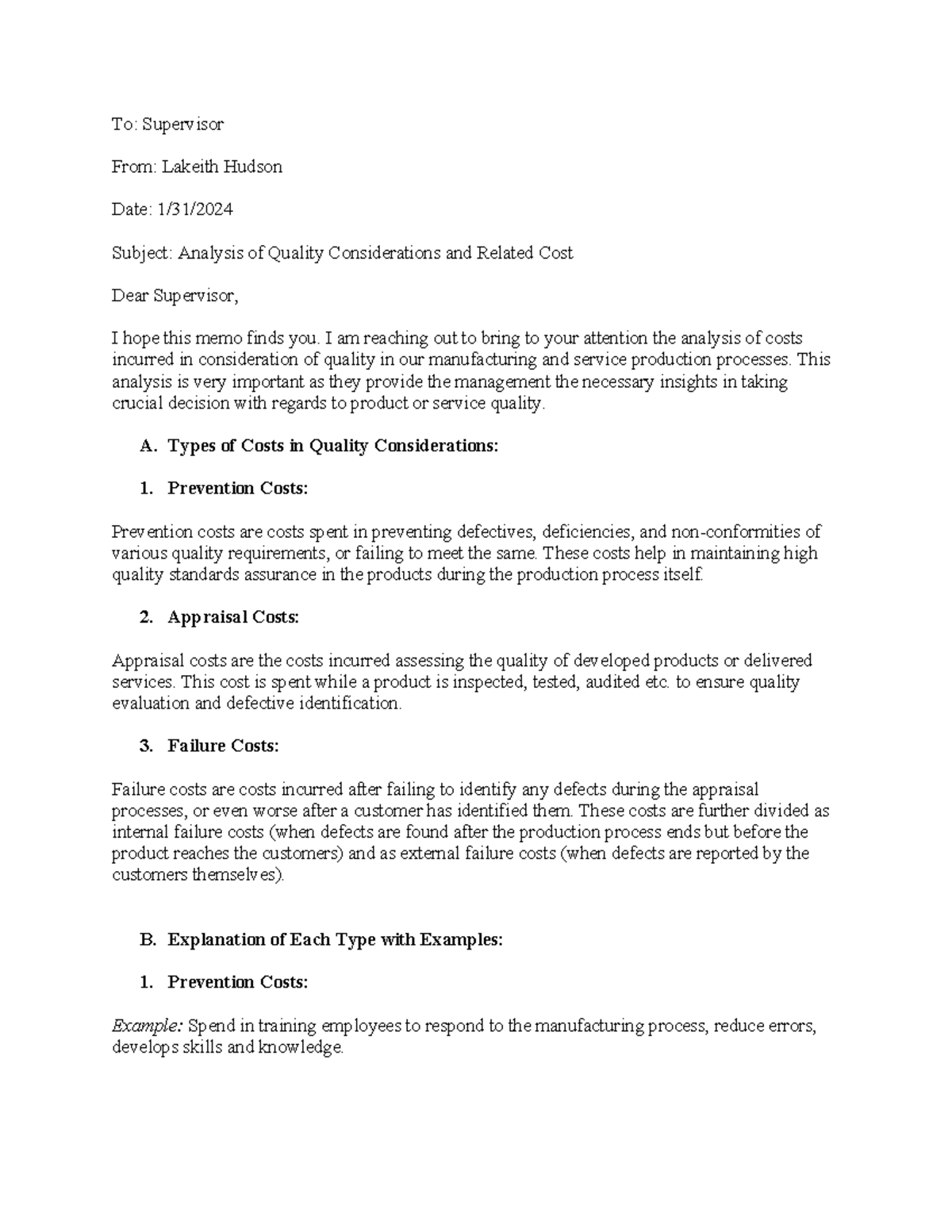 Business Management (QHT1) AVM1 TASK 1 - To: Supervisor From: Lakeith ...