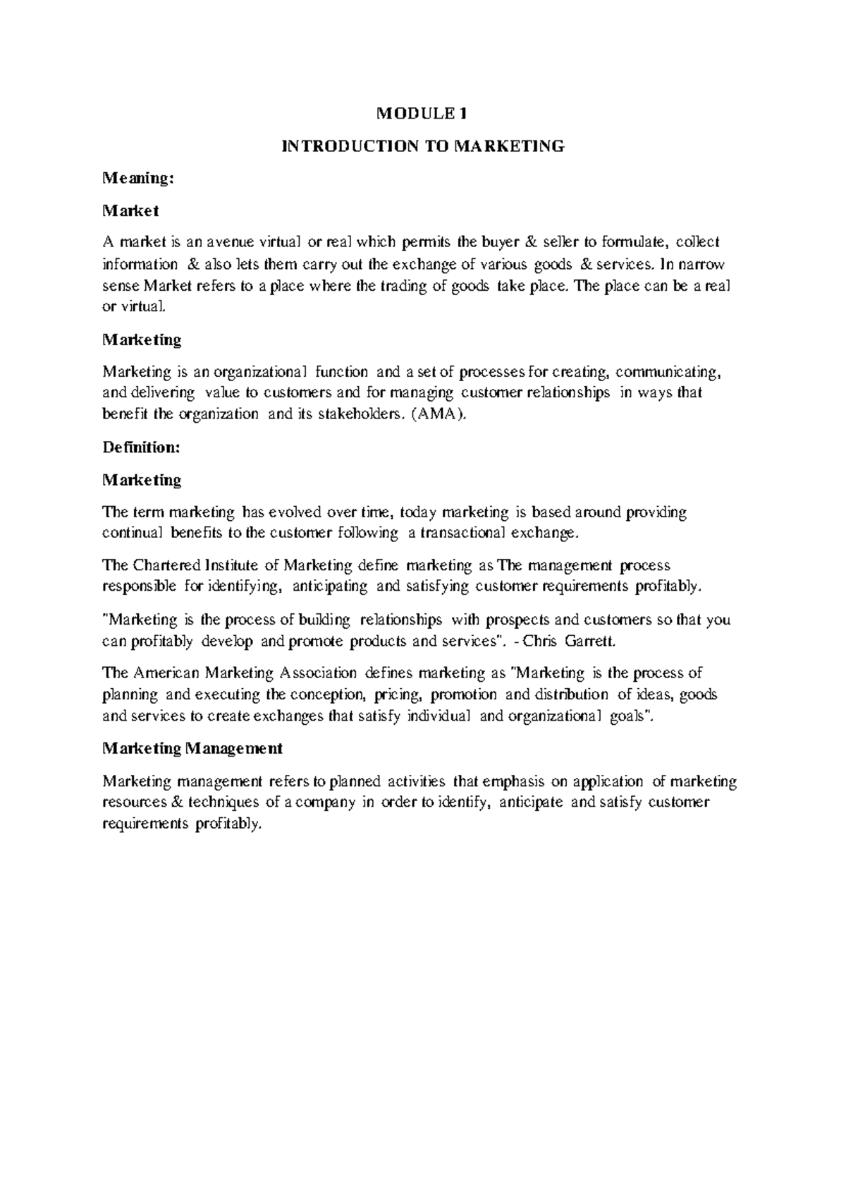 POM unit 1 - Marketing - MODULE 1 INTRODUCTION TO MARKETING Meaning ...