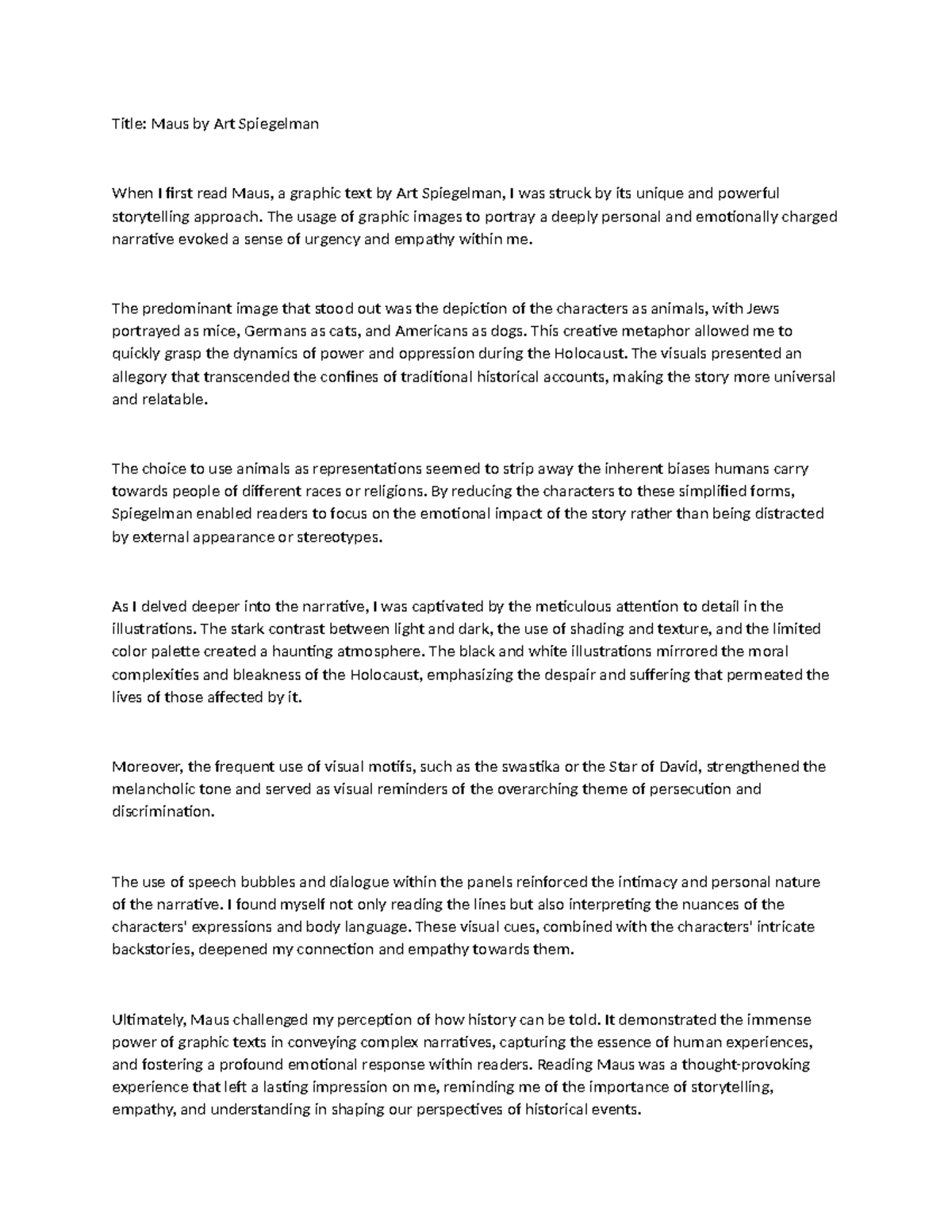 Engl 1405 Discussion Forum Unit 8 - Title: Maus by Art Spiegelman When ...