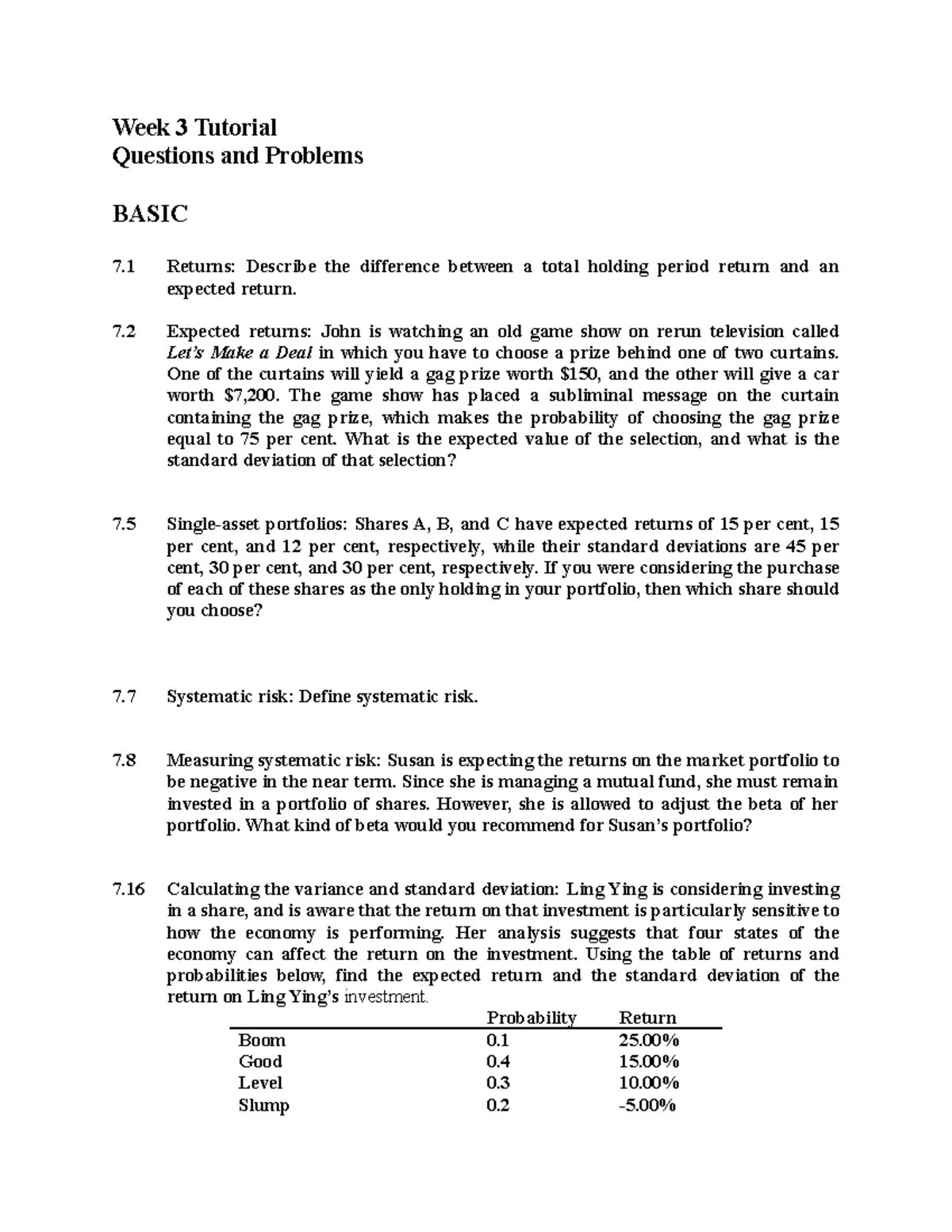 Week 3 Tutorial - Week 3 Tutorial Questions and Problems BASIC 7 ...
