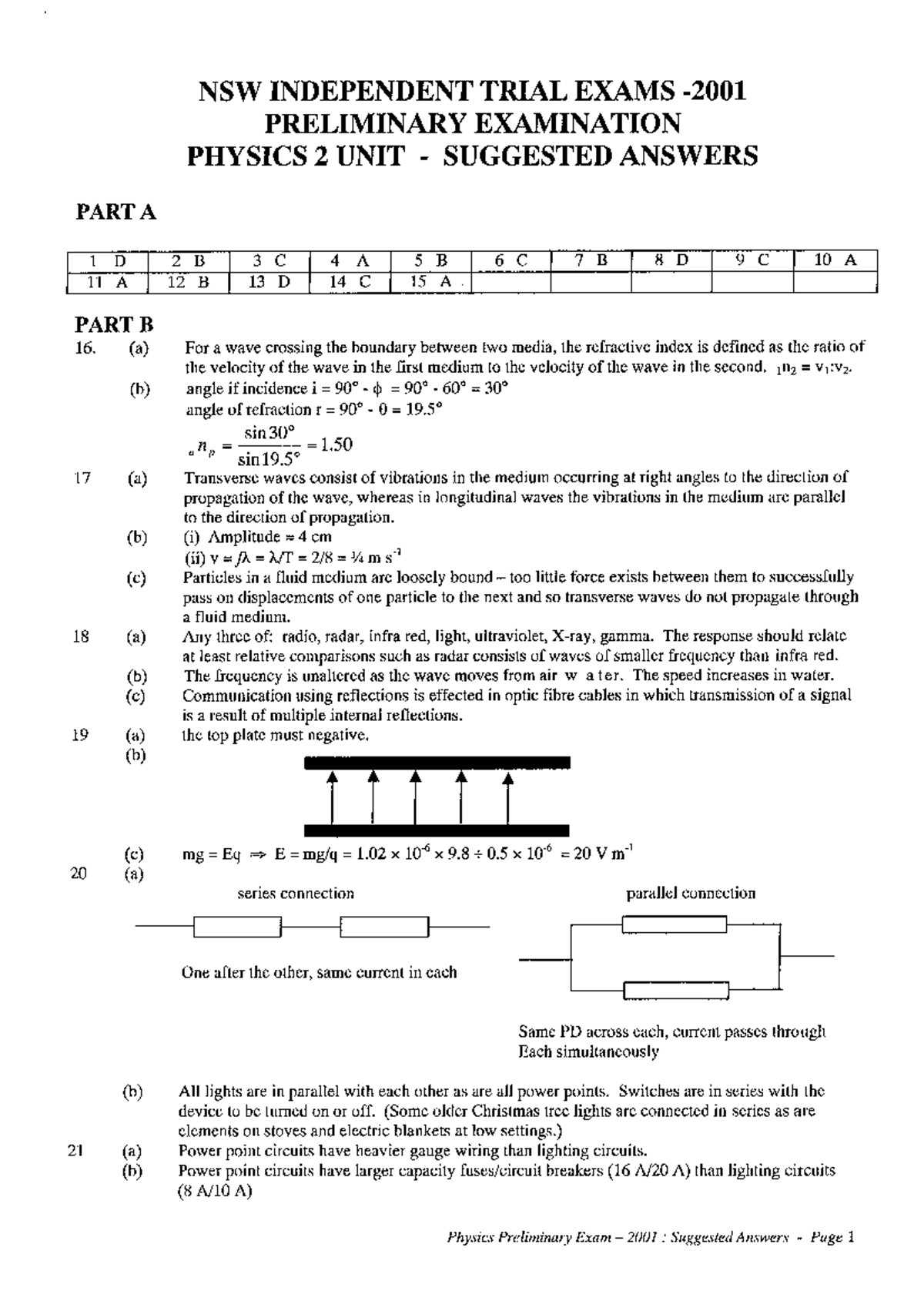 2001 Independent Preliminary Physics answers - NSW INDEPENDENT TRIAL EXAMS PRELIMINARY ...