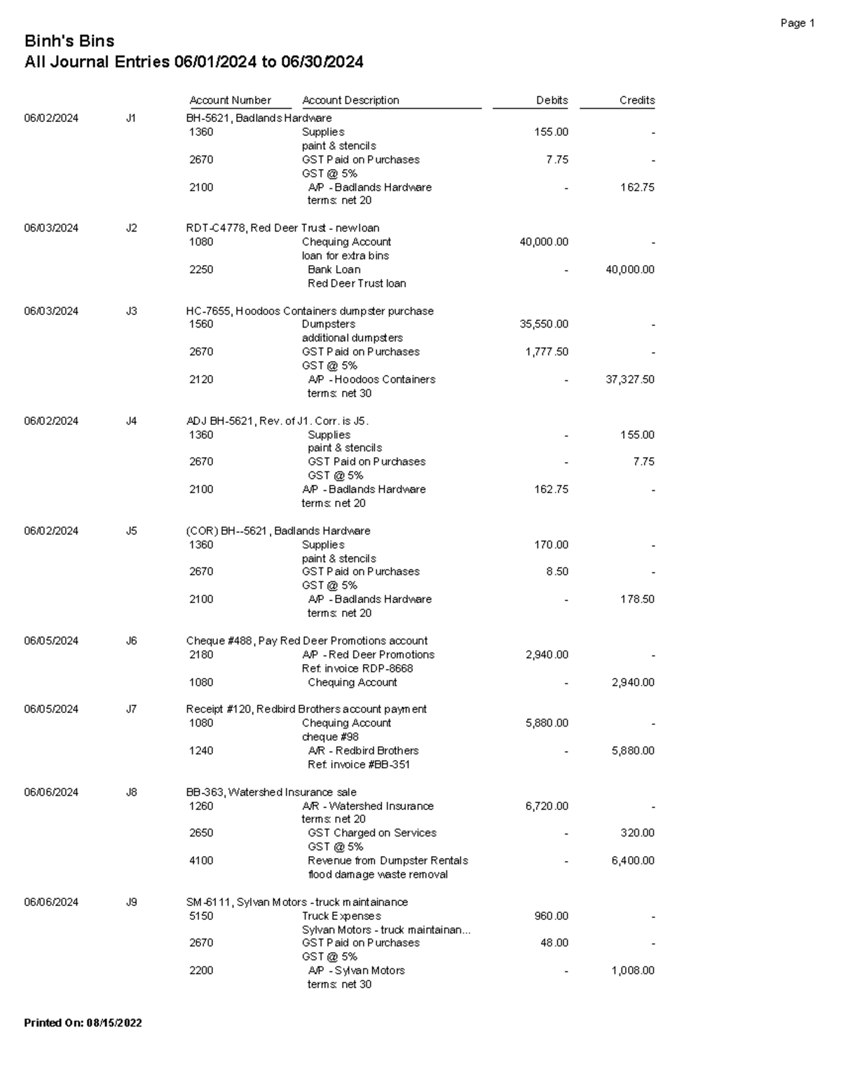 Ch 3 Binhs Bins - JE solution - Binh's Bins All Journal Entries 06/01/2024 to 06/30/ Account ...