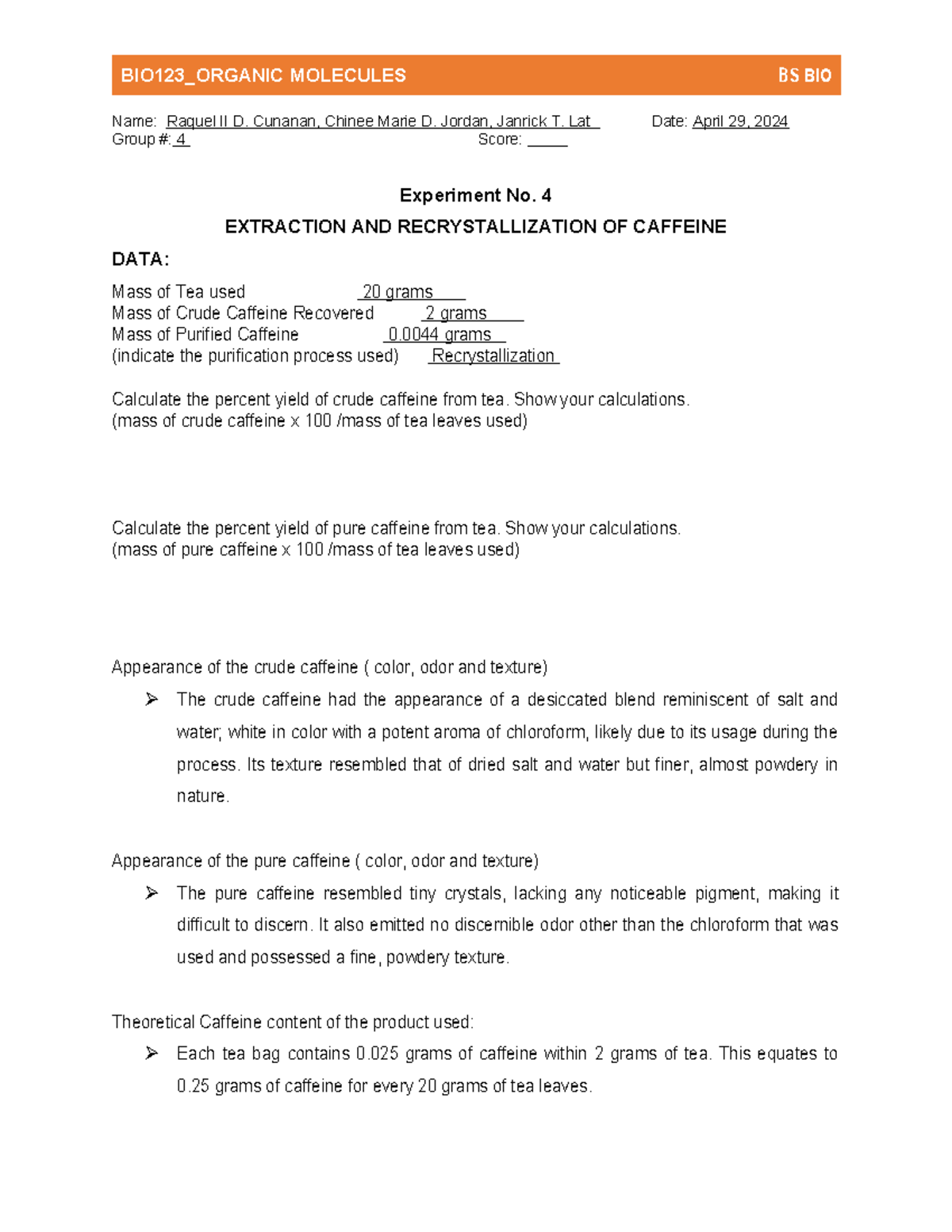 Experiment no. 4 - Name: Raquel II D. Cunanan, Chinee Marie D. Jordan ...