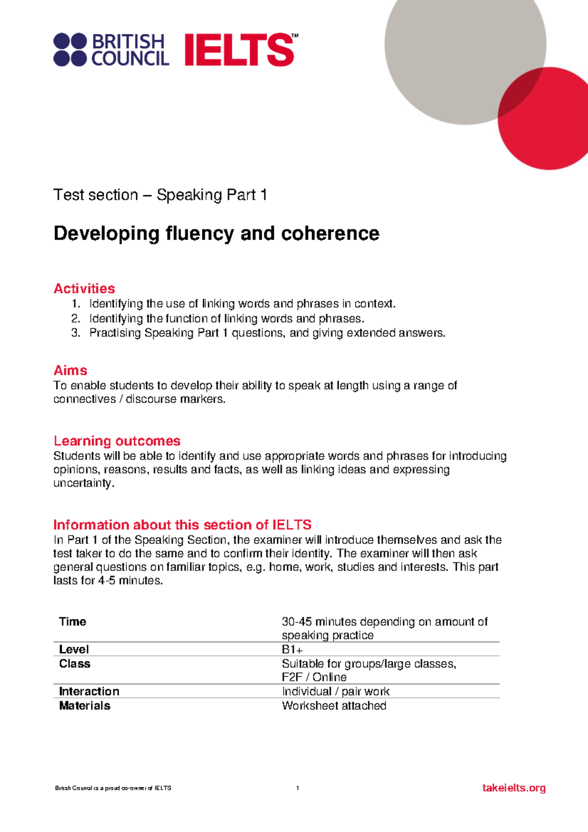 Speaking part 1 developing fluency and coherence - Test section ...