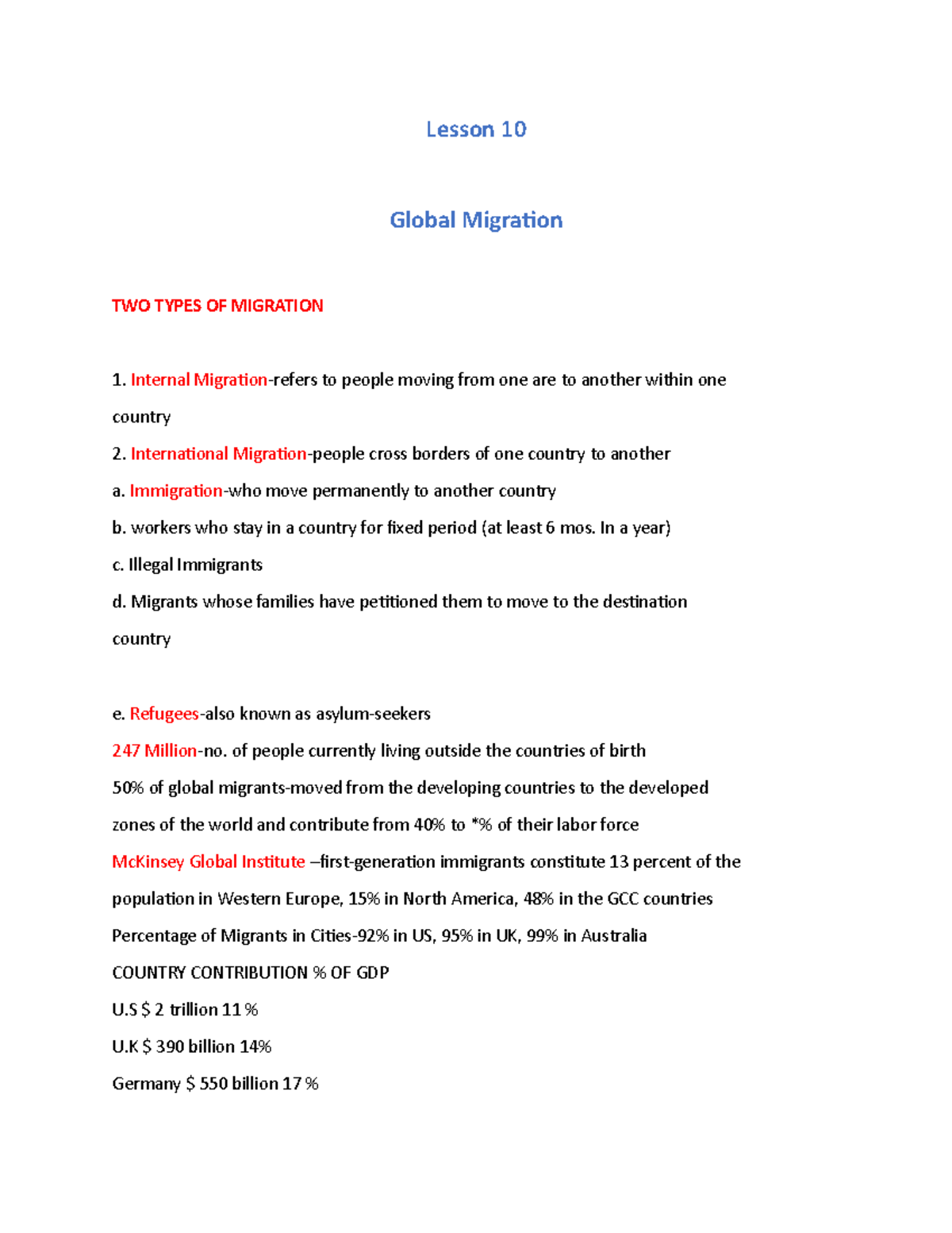 Lesson 10 GLOBAL MIGRATION - Lesson 10 Global Migration TWO TYPES OF ...