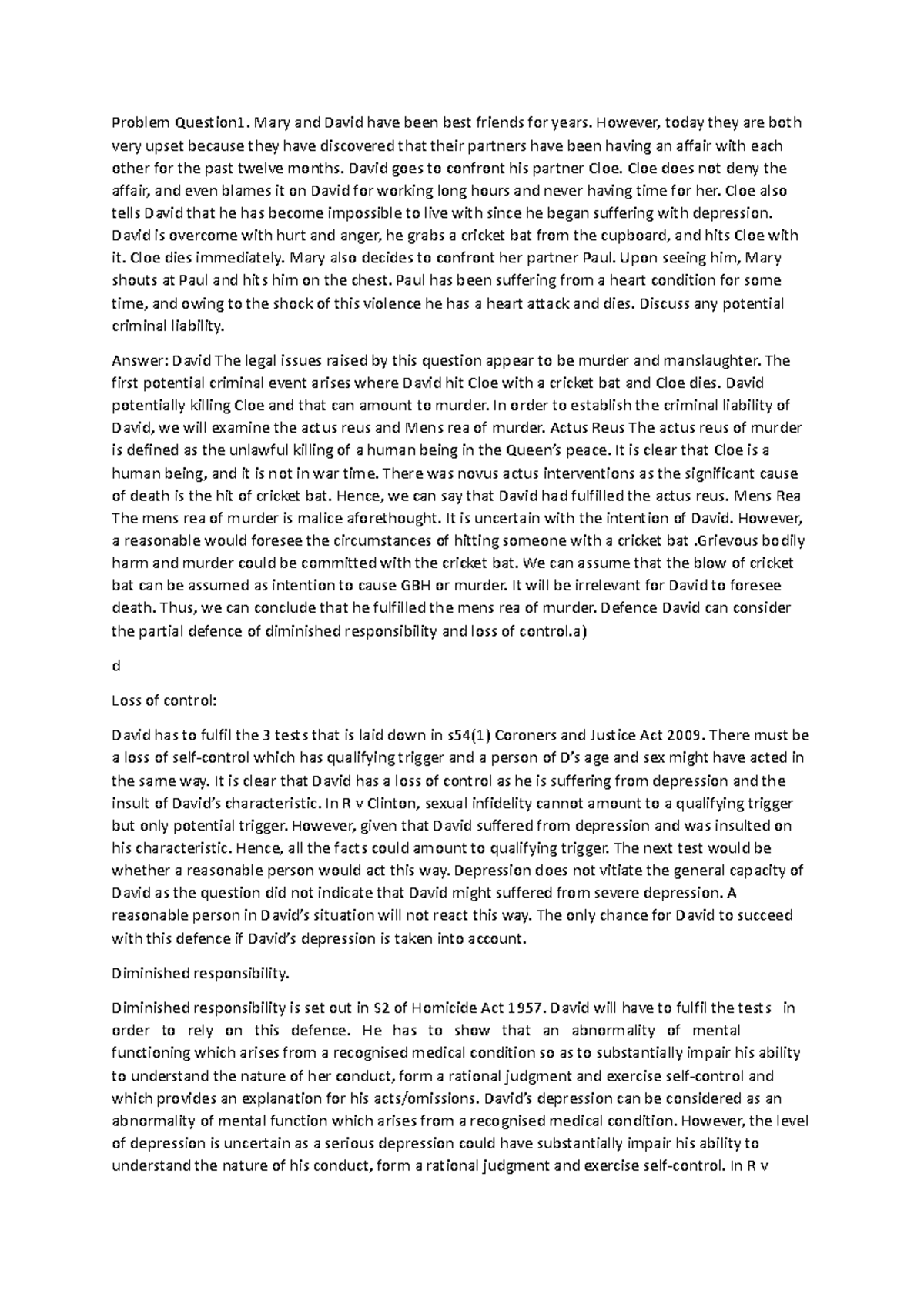 30 marker sample answer - Problem Question1. Mary and David have been ...