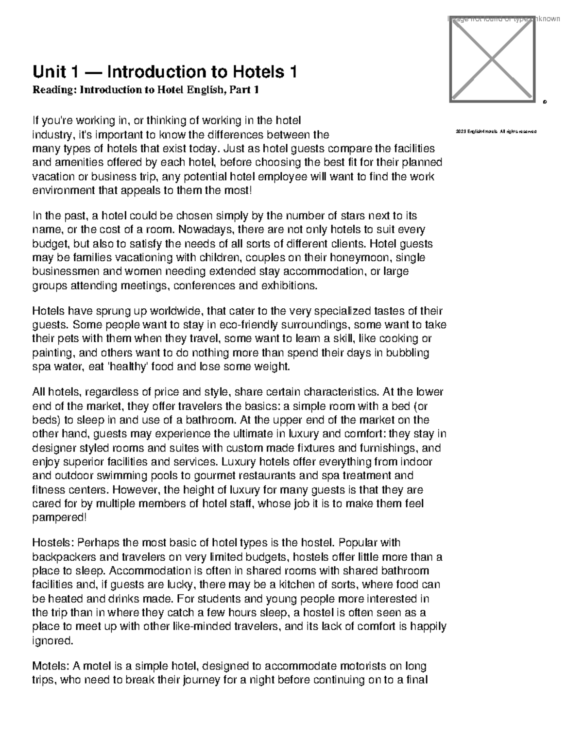 English 4Hotels — Unit 1 Introduction to Hotel English, Part 1 Reading ...