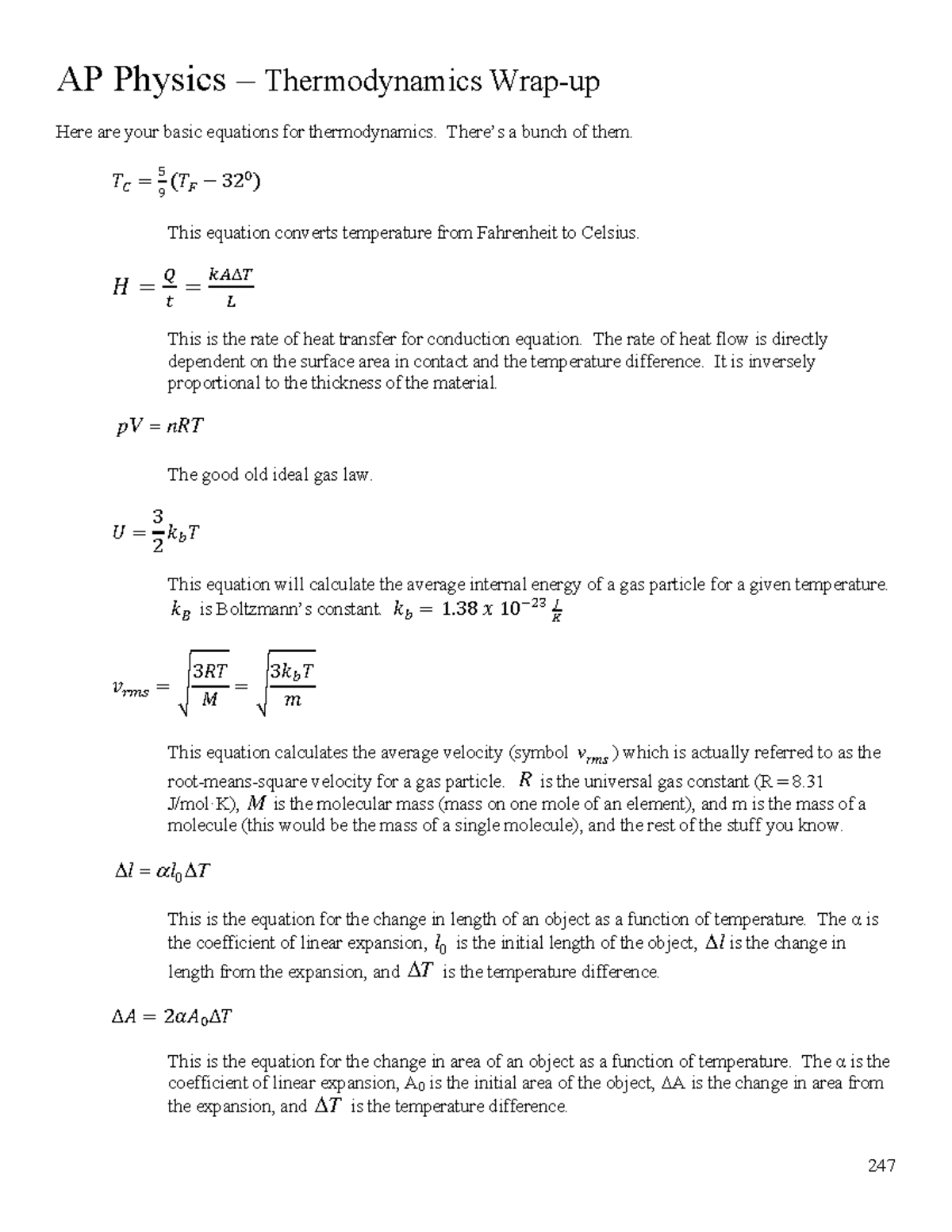 Handout ap physics thermo review - AP Physics – Thermodynamics Wrap-up ...